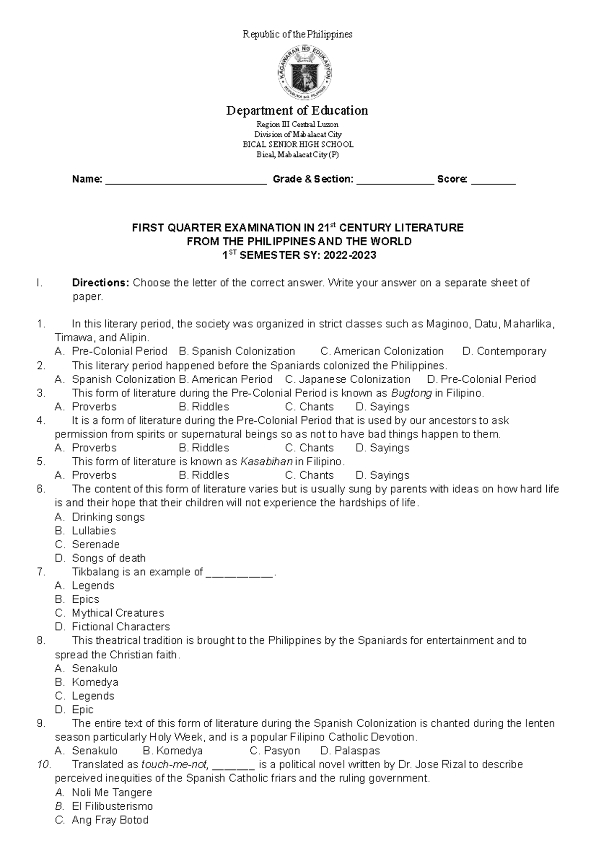 21 Stcenturyliterature-1st Quarter Exam - Republic of the Philippines ...