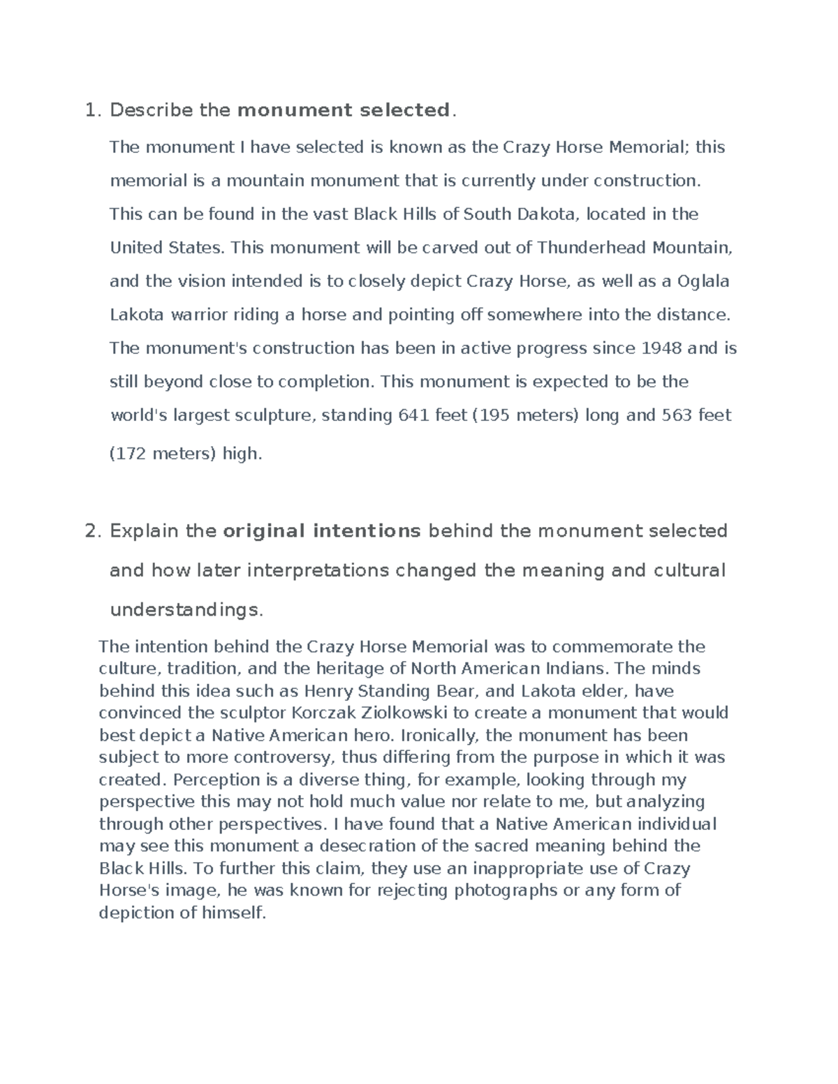 4-1 Short Answer - 1. Describe the monument selected. The monument I ...