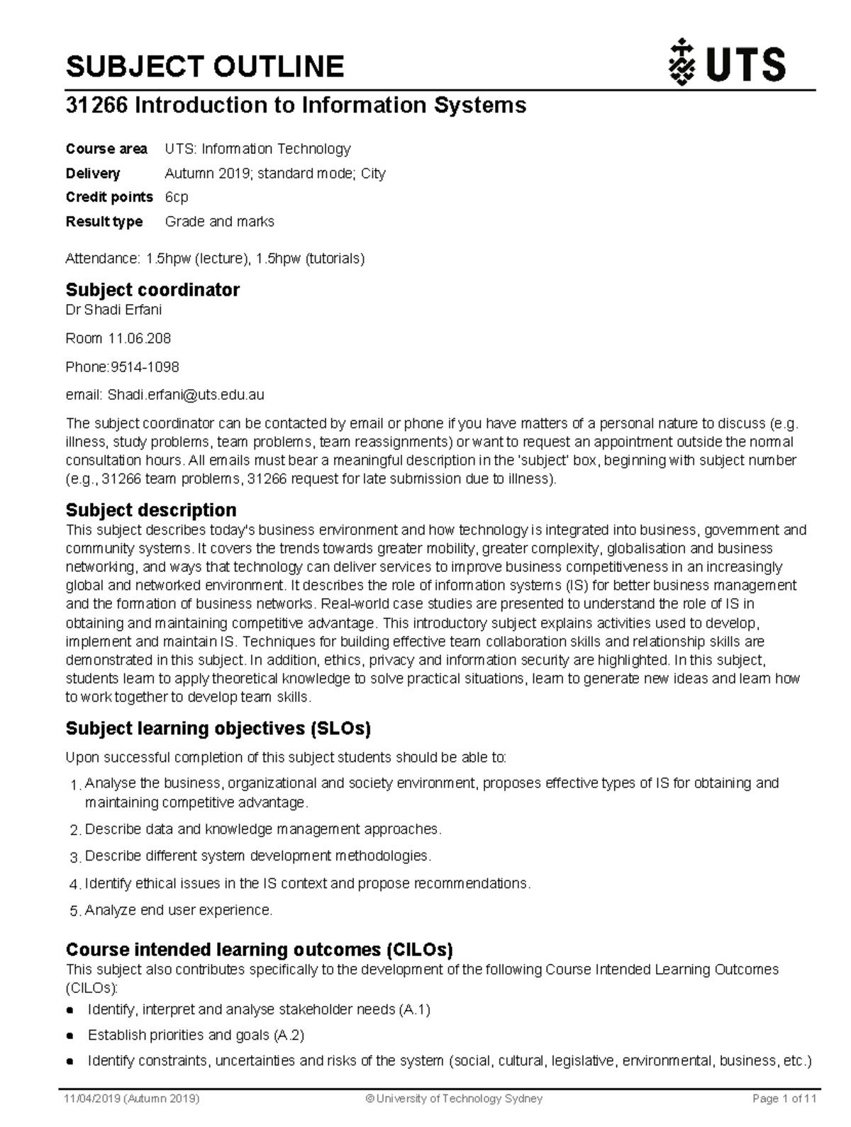 ISS Subject Outline - SUBJECT OUTLINE 31266 Introduction to Information ...