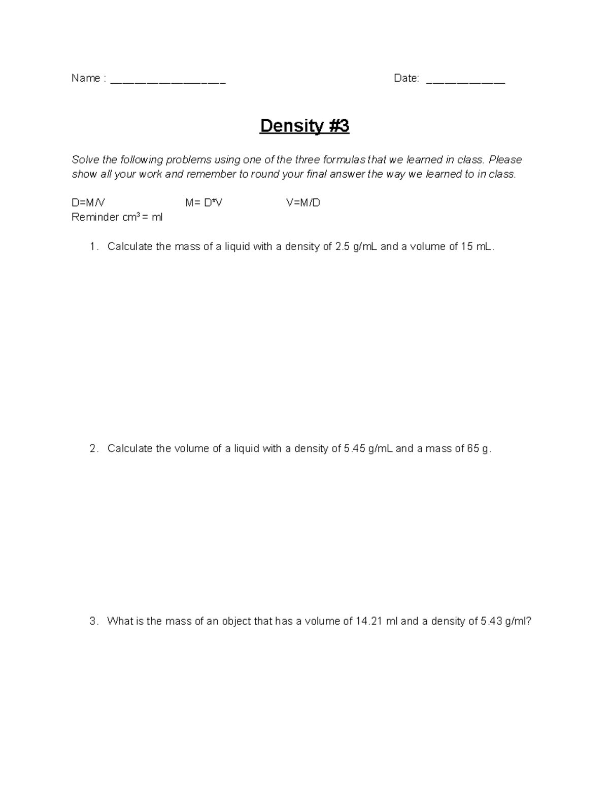Density #3- Finding mass and volume - Name : ___________________ Solve ...