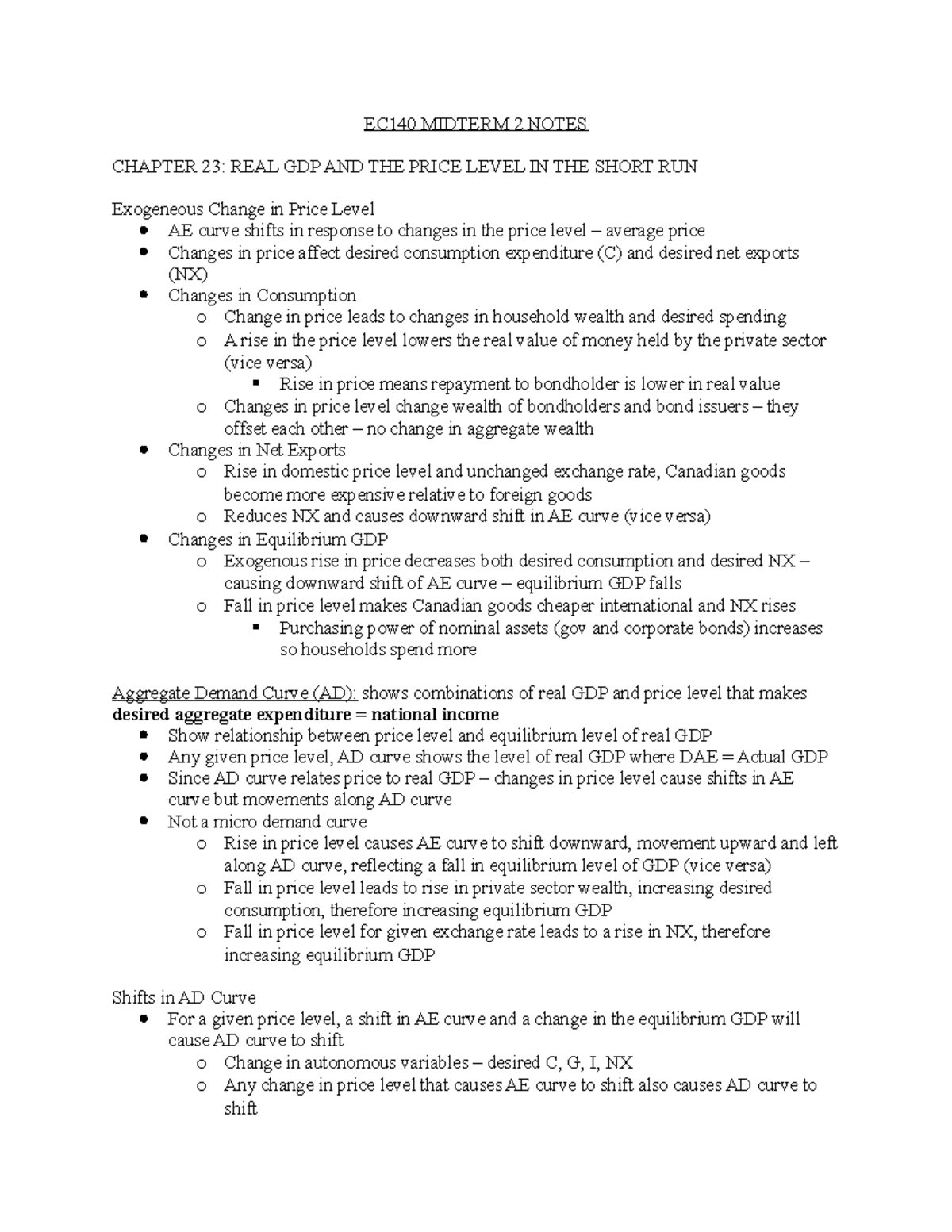 EC140 Midterm 2 Notes - EC140 MIDTERM 2 NOTES CHAPTER 23: REAL GDP AND ...