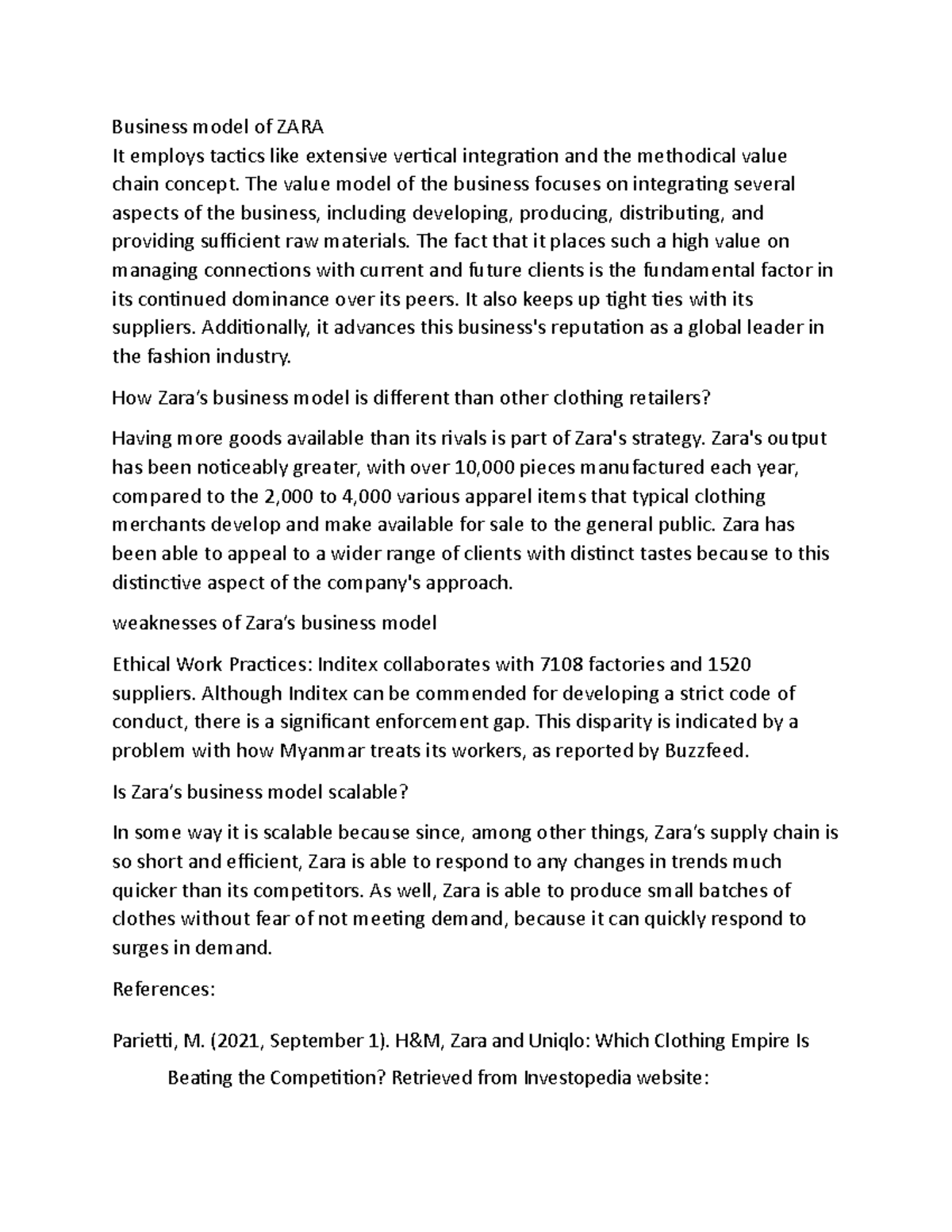 Business model of ZARA - The value model of the business focuses on ...