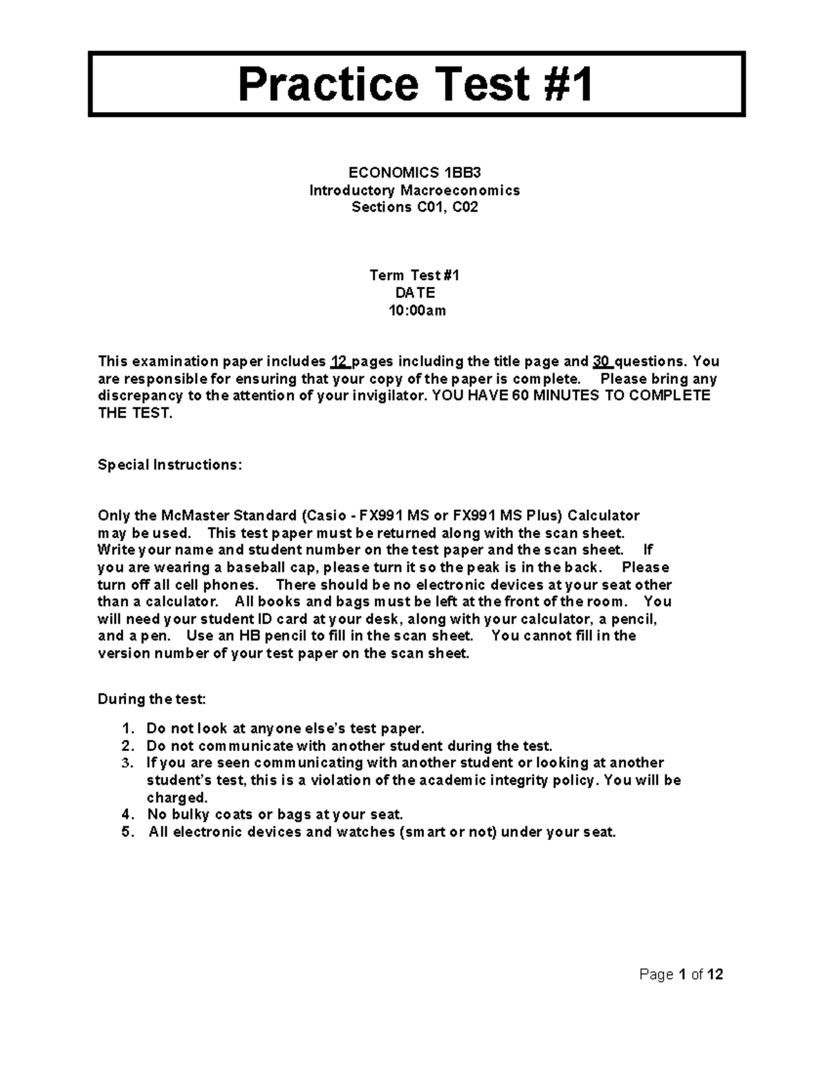 Practice Test 1 - ECONOMICS 1BB Introductory Macroeconomics Sections ...