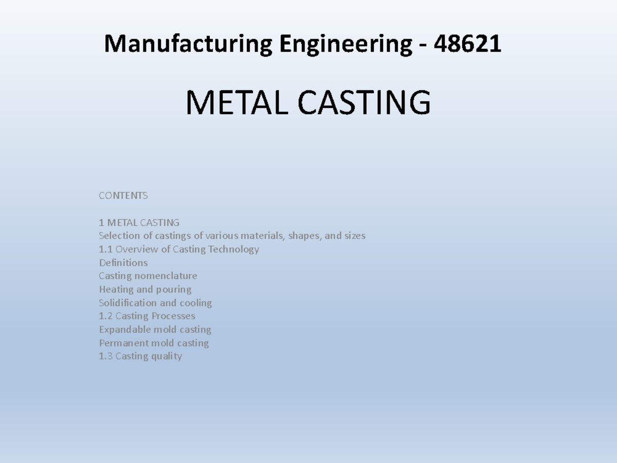 Lecture notes, lecture 4 Metal Casting V BELT 3 - Manufacturing ...