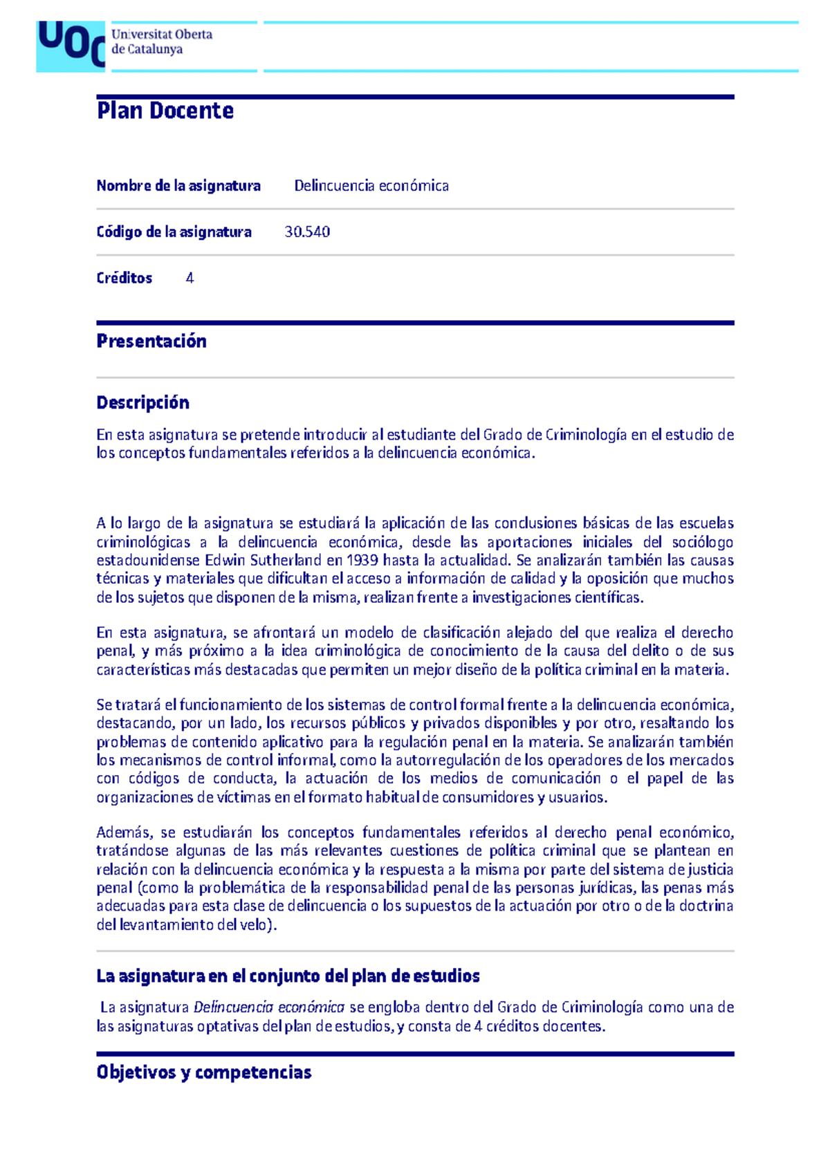 Plan Docente 2023-2024 - Nombre de la asignatura Delincuencia económica Código de la asignatura ...