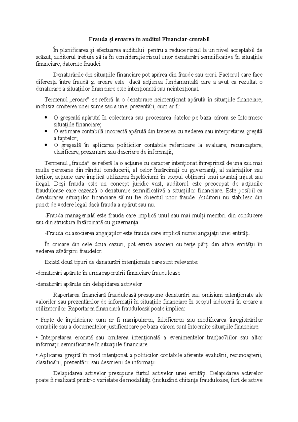Proiect audit financiar - Frauda și eroarea în auditul Financiar-contabil În planificarea și ...