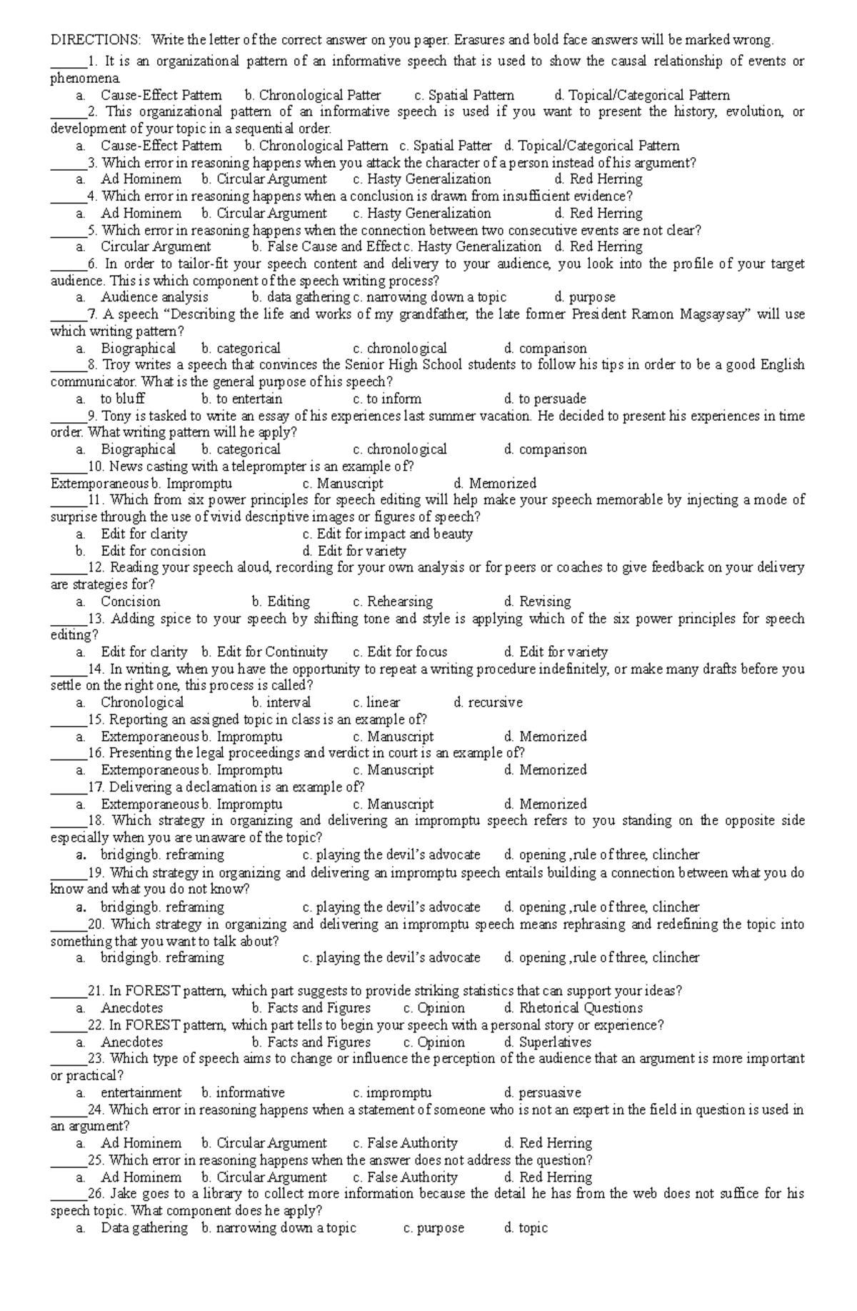 Long test - This paper is composed of 50 questions about oral ...
