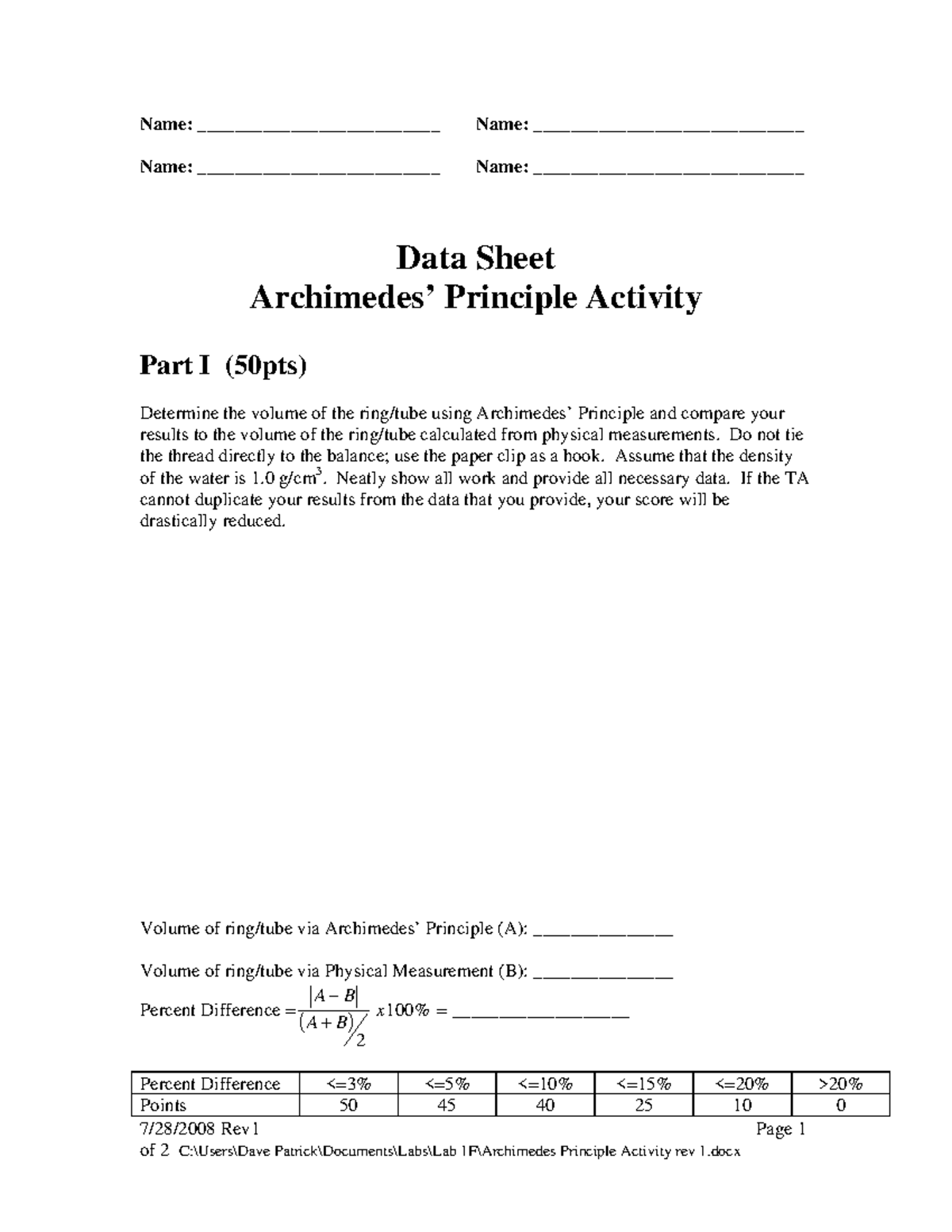 Archimedes principle activity - Name: __________________________ Name ...