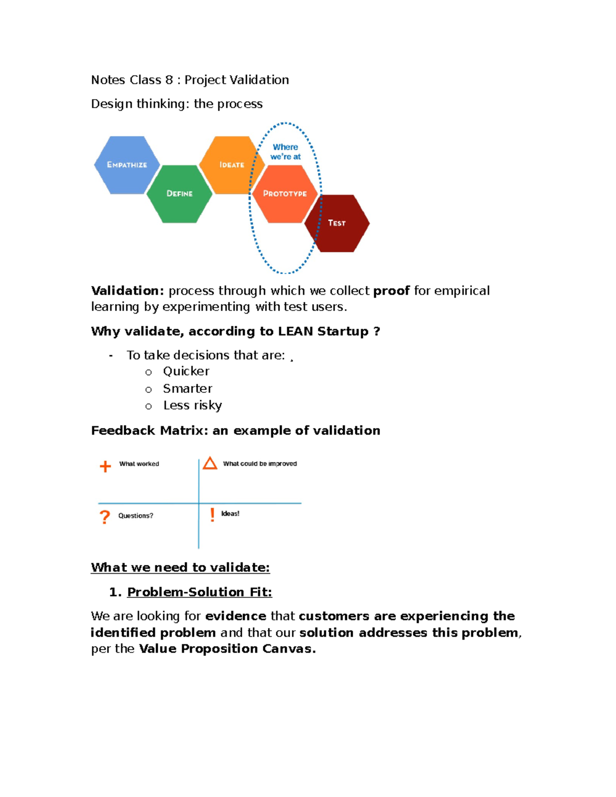 Notes cours 8 - Notes Class 8 : Project Validation Design thinking: the ...