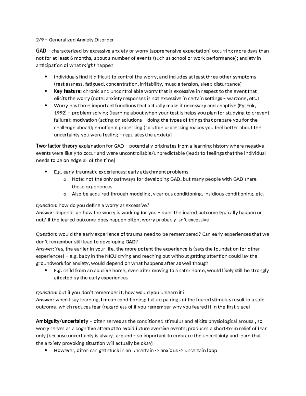 2 9 Notes - 2/9 – Generalized Anxiety Disorder GAD – characterized by ...