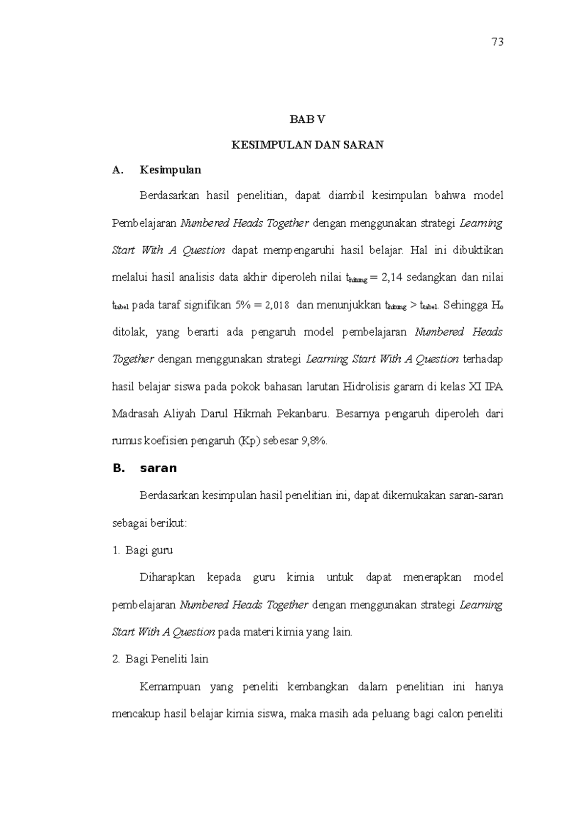 Skripsi Pendidikan - BAB V - 73 BAB V KESIMPULAN DAN SARAN A ...