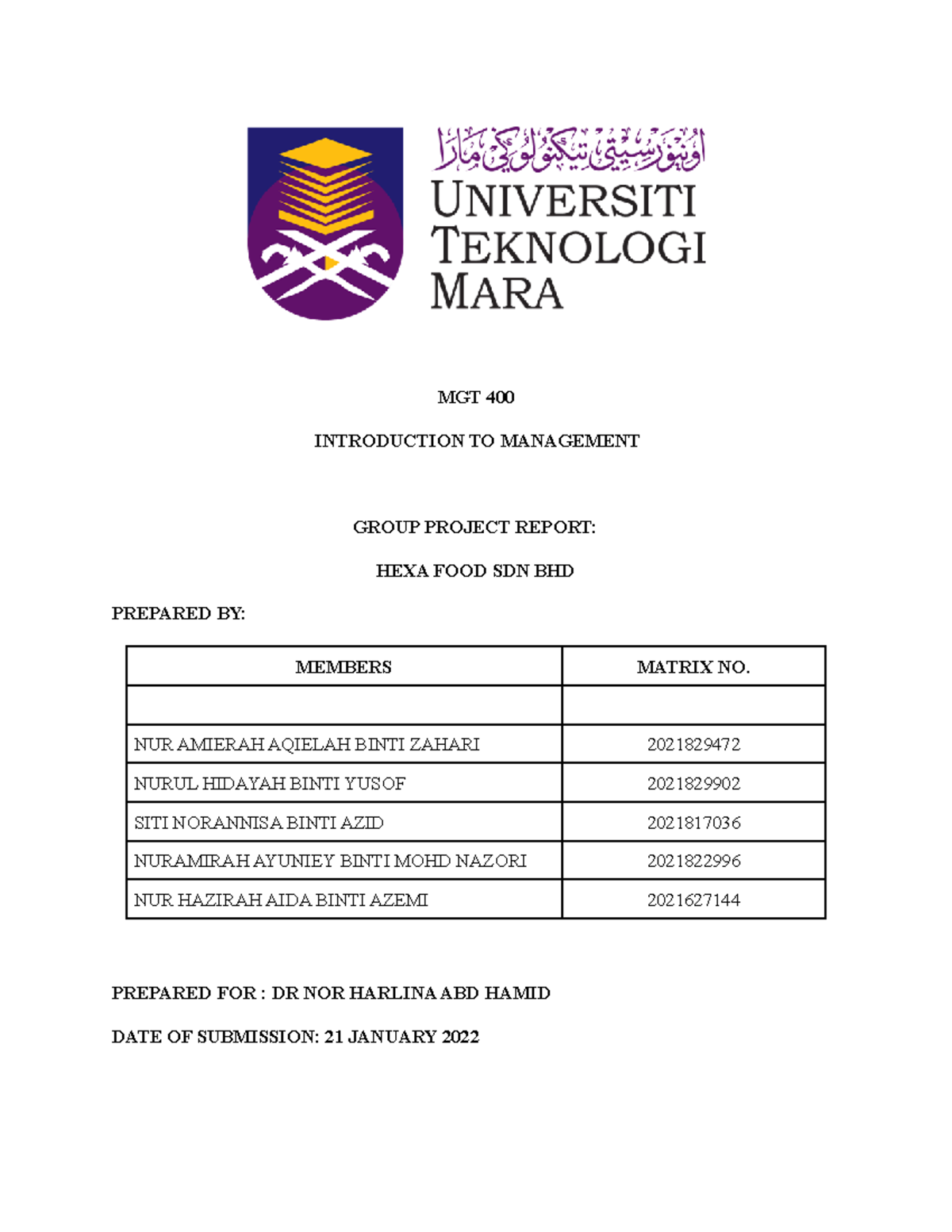 MGT 400 Group Assignment - MGT 400 INTRODUCTION TO MANAGEMENT GROUP ...