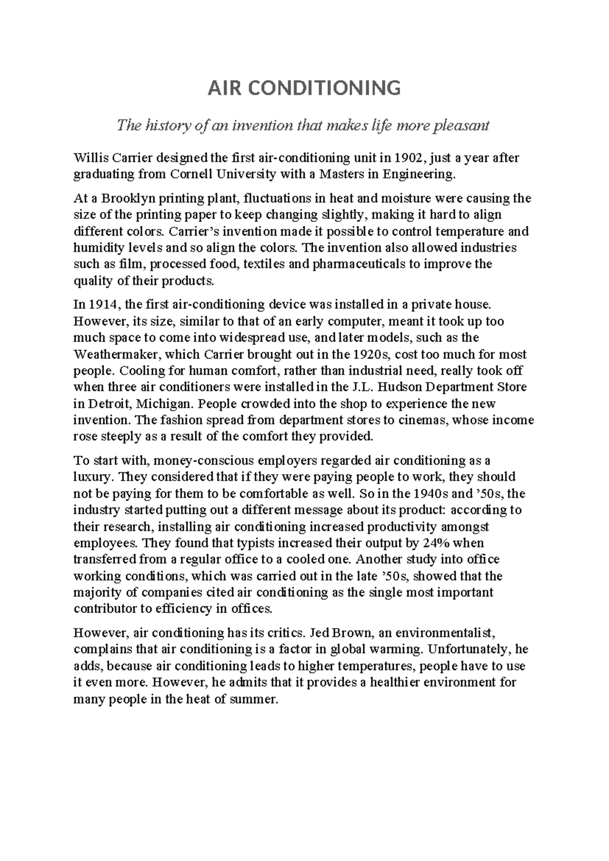 Reading-Multiple-choice - AIR CONDITIONING The history of an invention ...