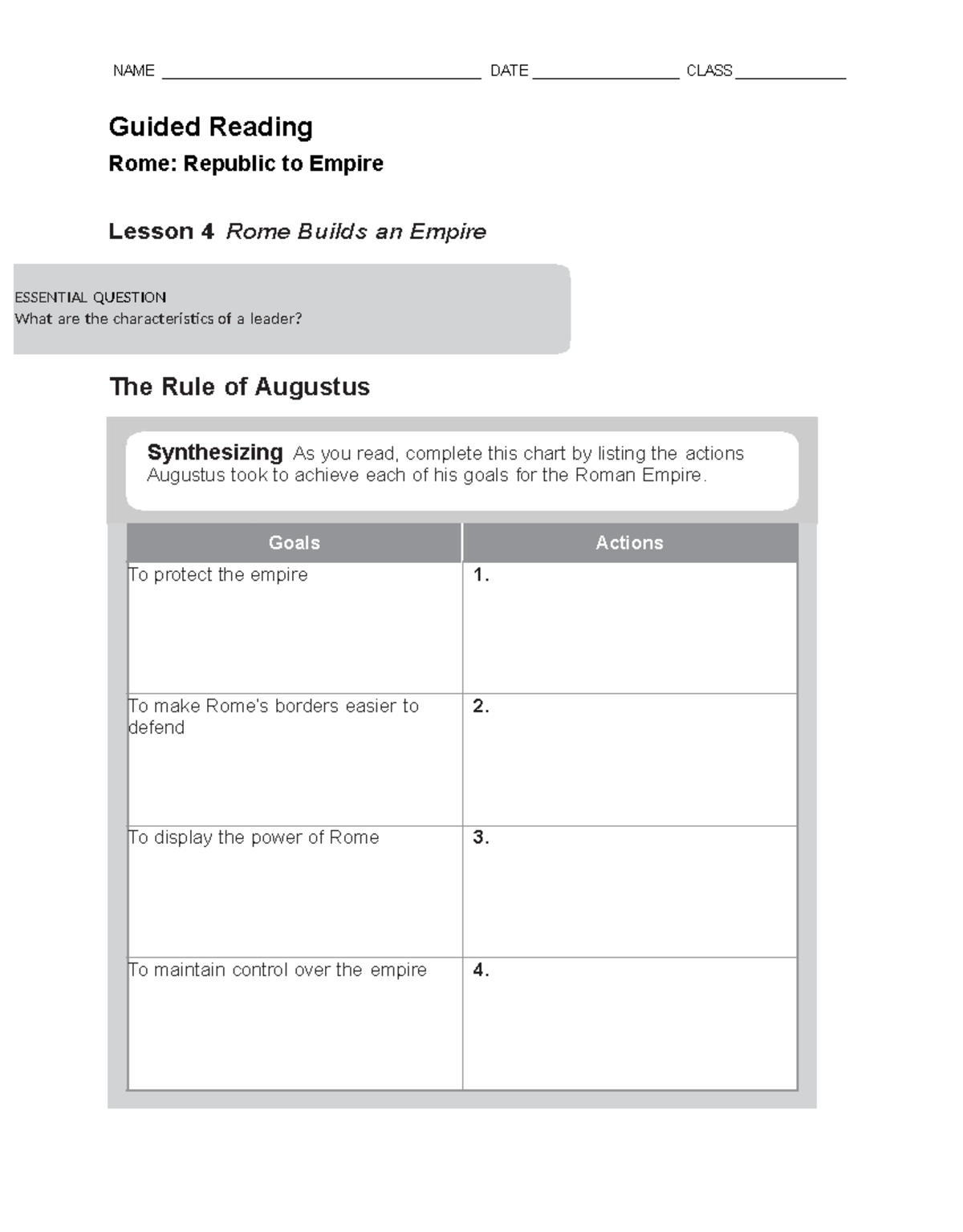 Guided Reading Activity ch 9 Lesson 4 - Rome Builds an Empire ...