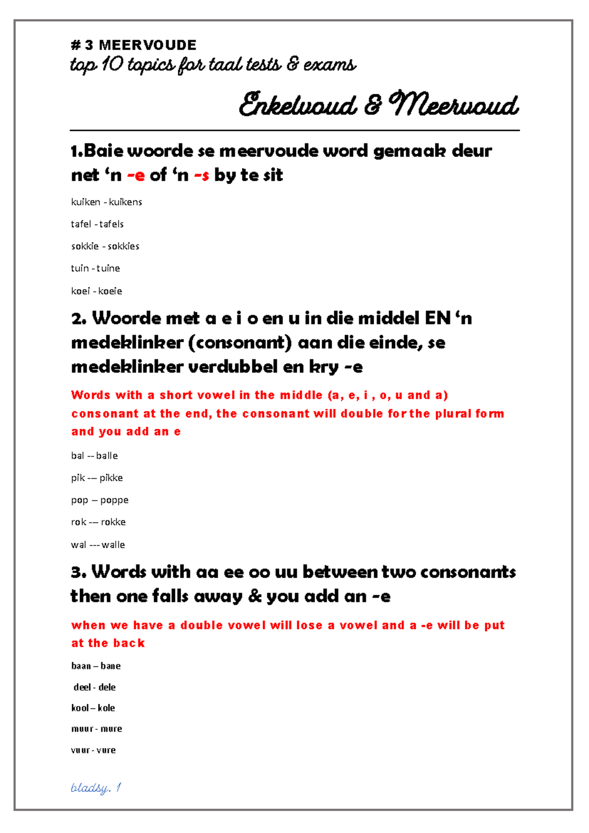 Meervoude Afrikaans - # 3 MEERVOUDE top 10 topics for taal tests ...