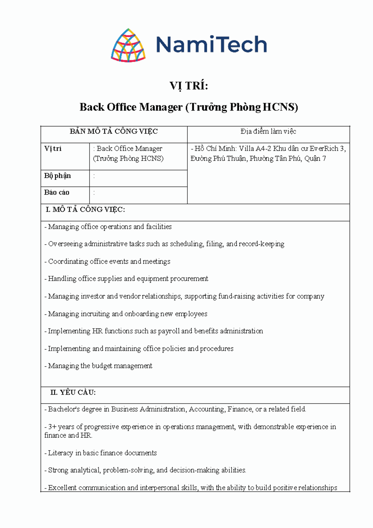 JD Back Office Manager (Trưởng Phòng HCNS) - VỊ TRÍ: Back Office ...