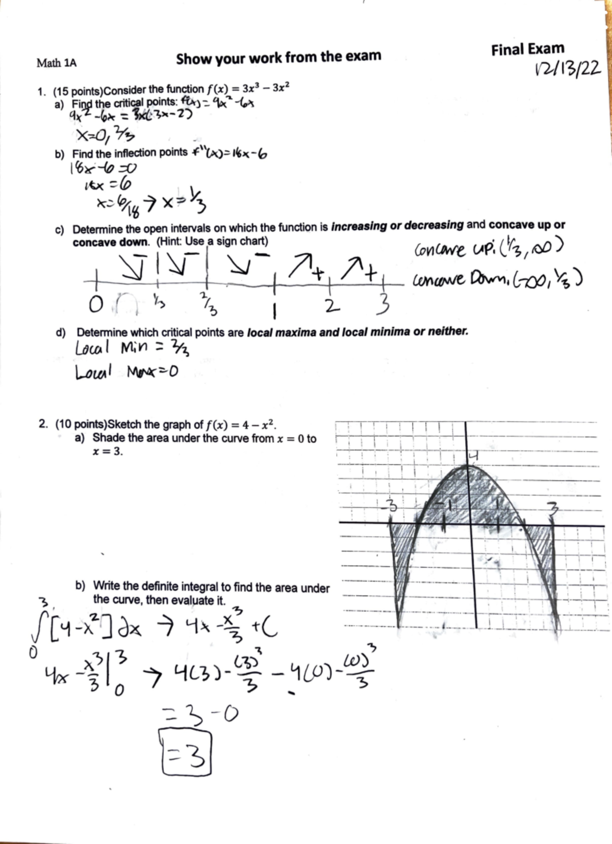 MAT-1A - final exam work - Math lA Show your work from the exam 1. (15 ...