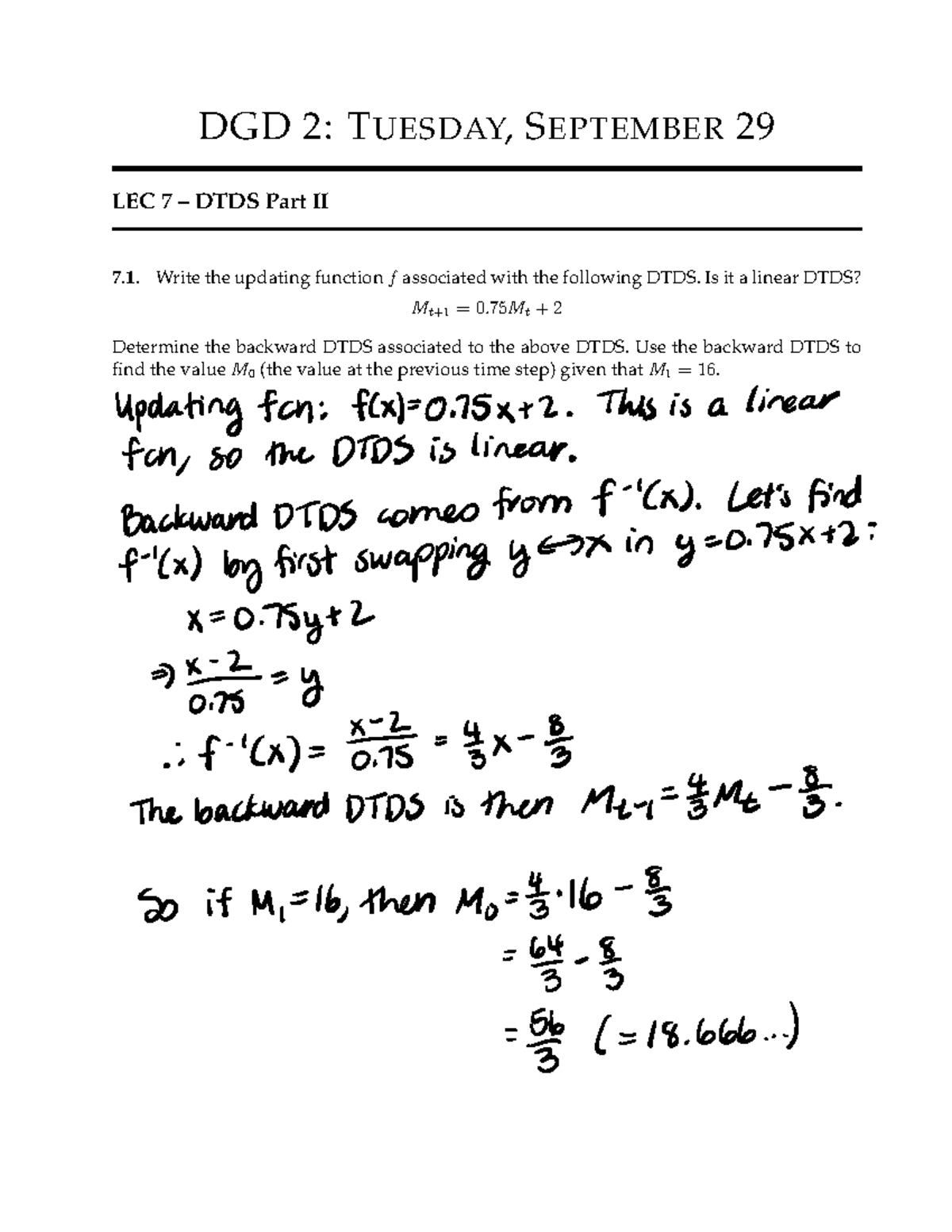 MAT 1327 DGD 2 Lecture - DGD 2: TUESDAY,SEPTEMBER 29 LEC 7 – DTDS Part II 7. Write the updating ...