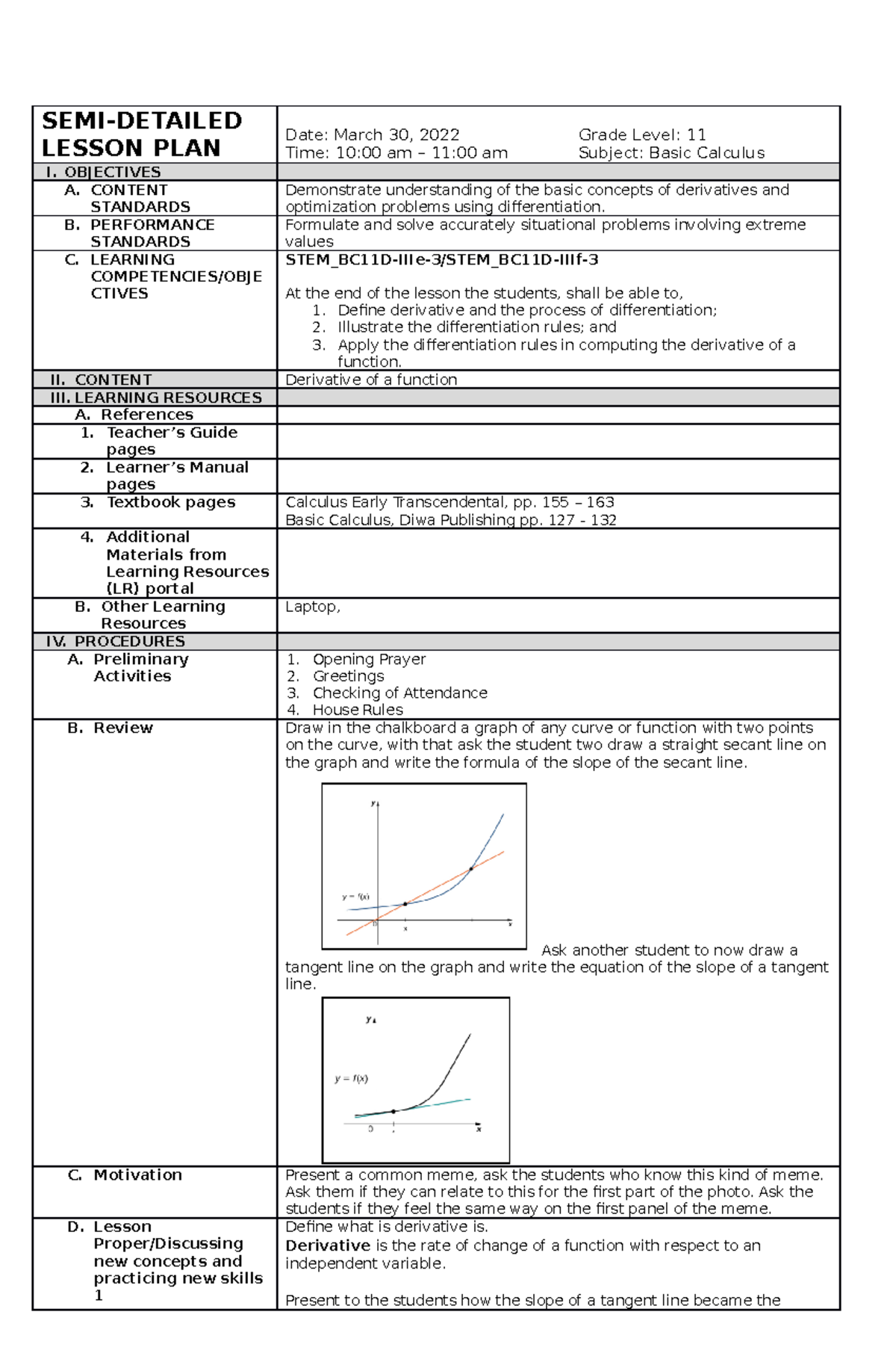 DLP Week 3 Day 3 Derivative of the function - SEMI-DETAILED LESSON PLAN Date: March 30, 2022 ...
