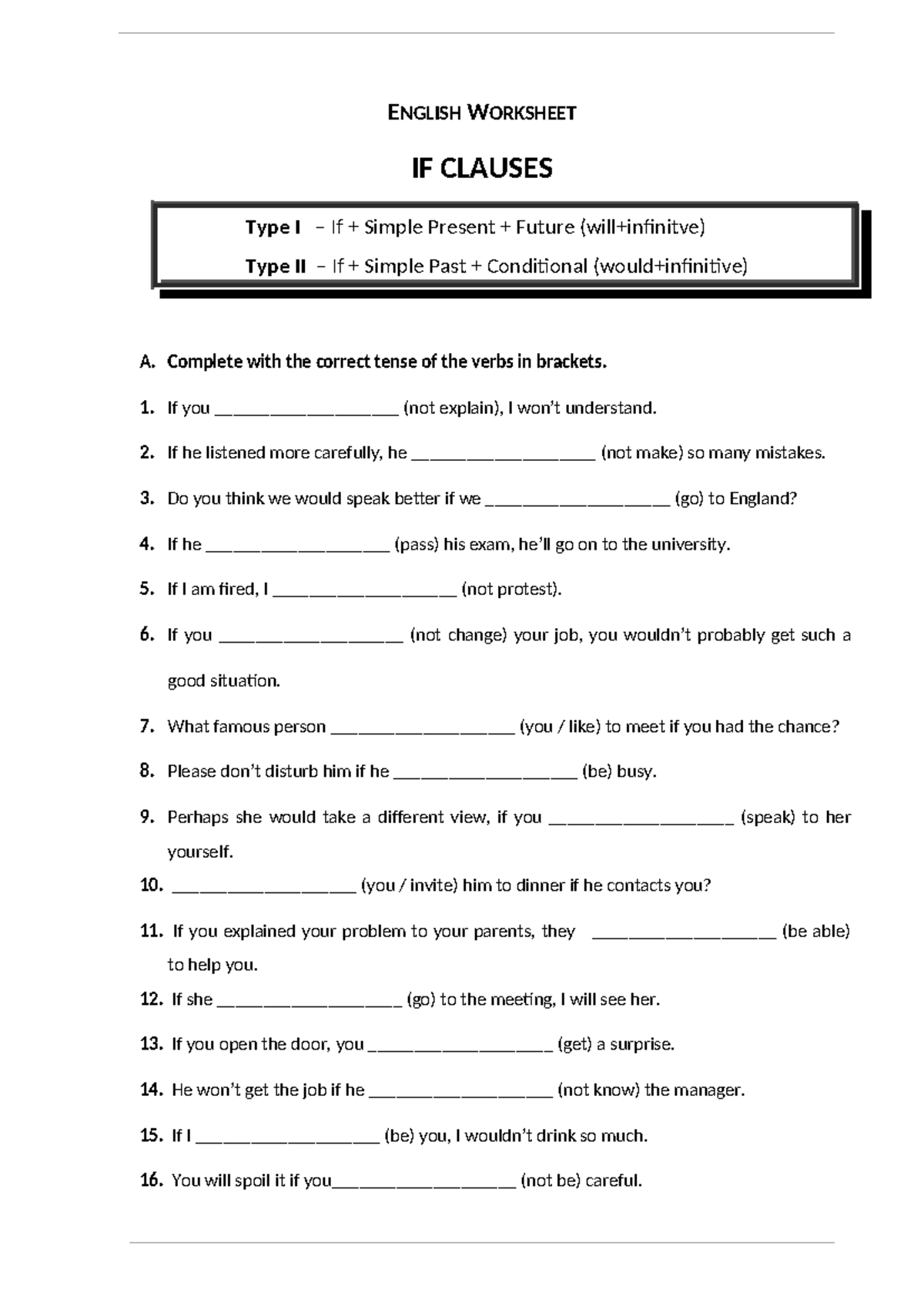 Worksheet 1 - If Clauses - ENGLISH WORKSHEET IF CLAUSES Type I – If ...
