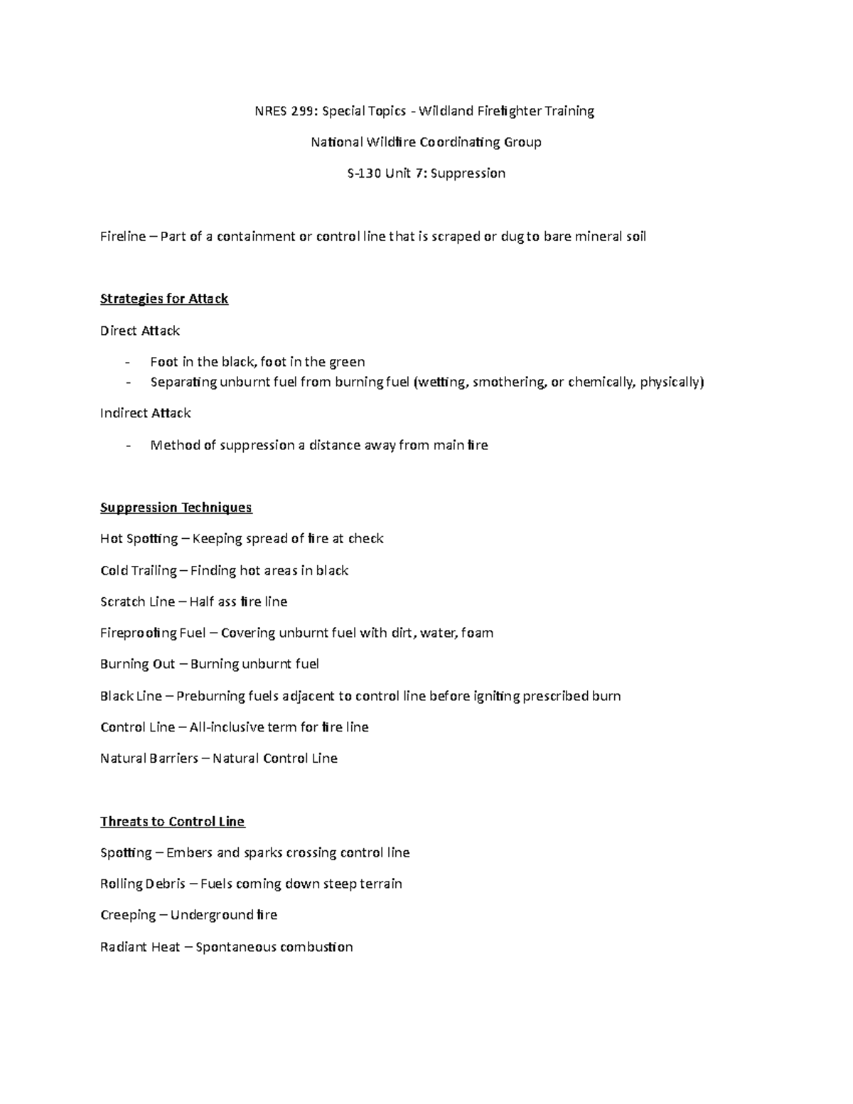 Wildland Firefighter Training S-130 Unit 7 - Suppression - NRES 299 ...