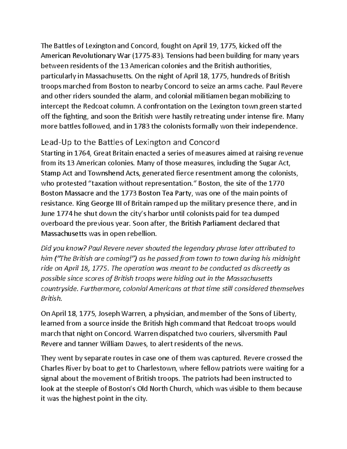 Battle Of Lexington and Concord Notes - The Battles of Lexington and ...