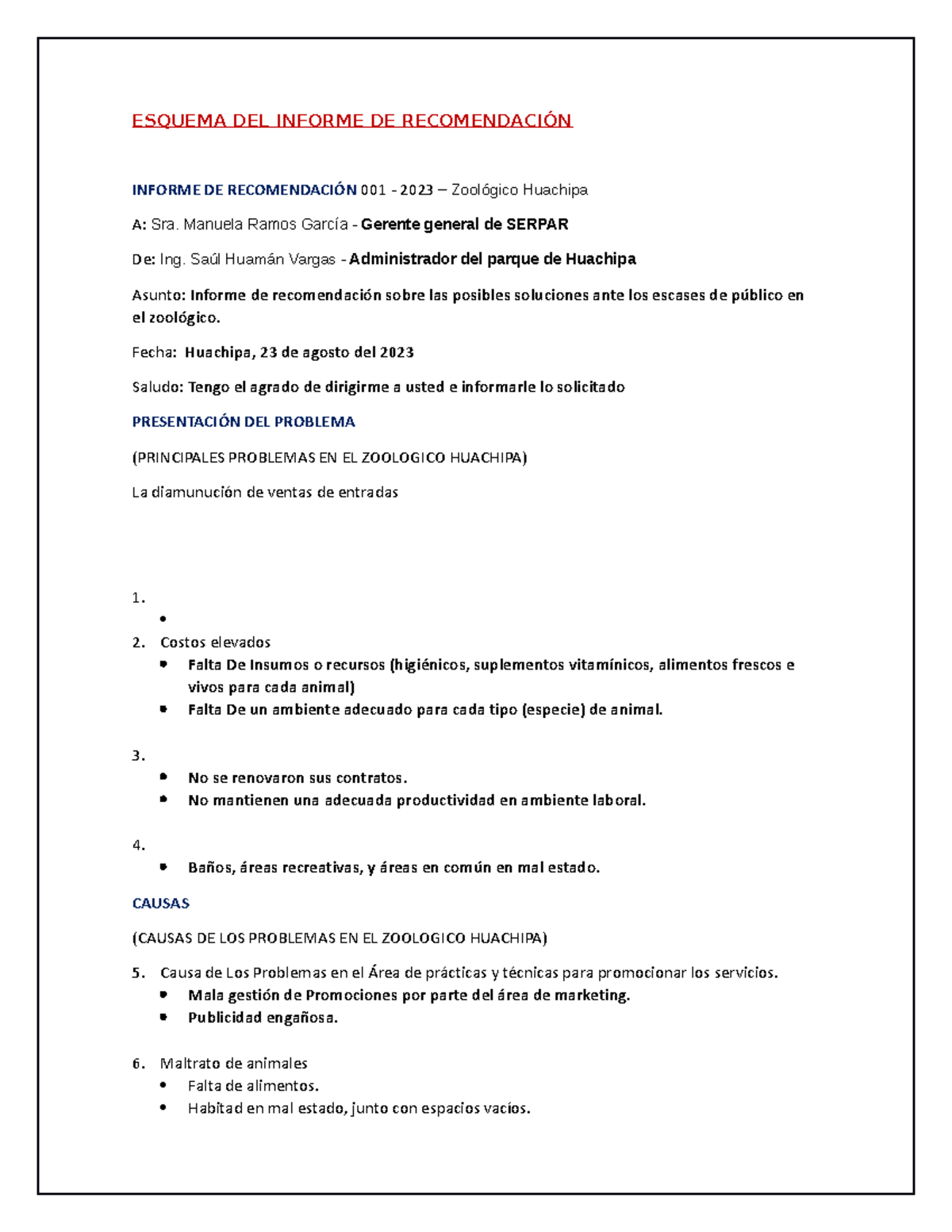 Informe DE Recomendación PC1 (Vero) - ESQUEMA DEL INFORME DE RECOMENDACIÓN INFORME DE ...