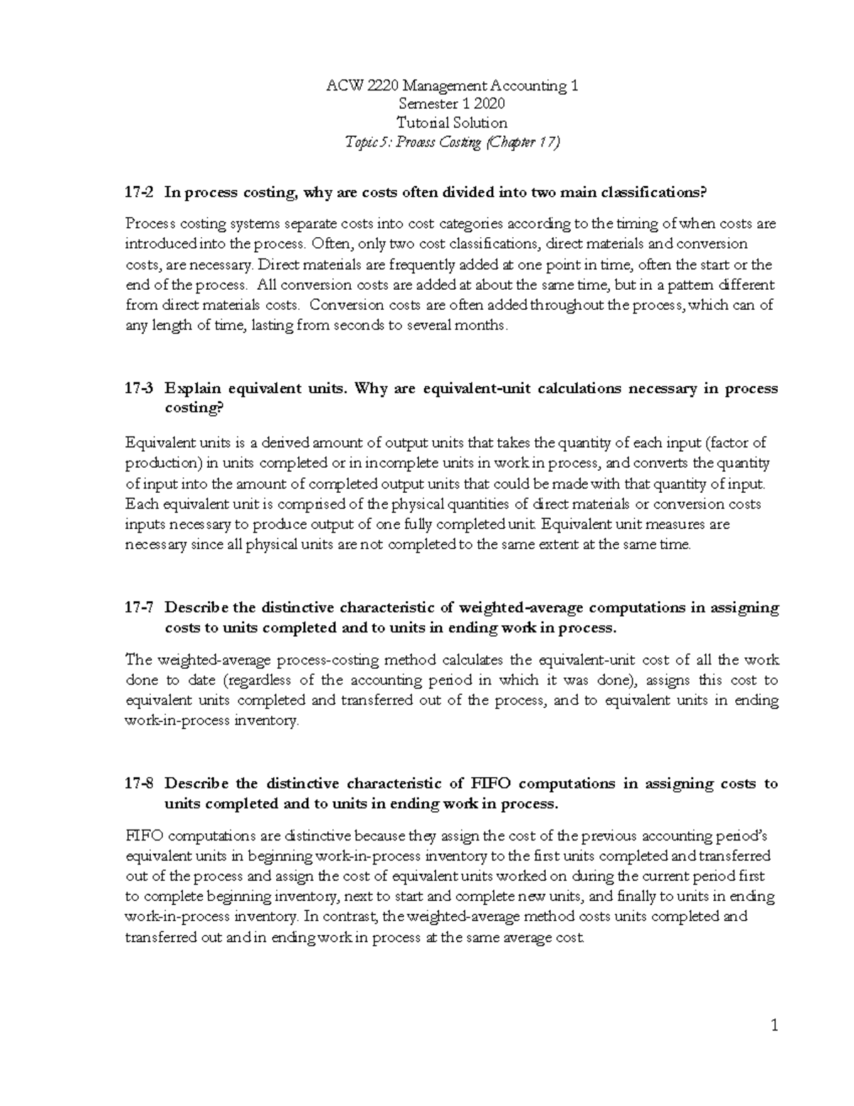 Tutorial Solution Topic 5A S1 2020 - ACW 2220 Management Accounting 1 ...
