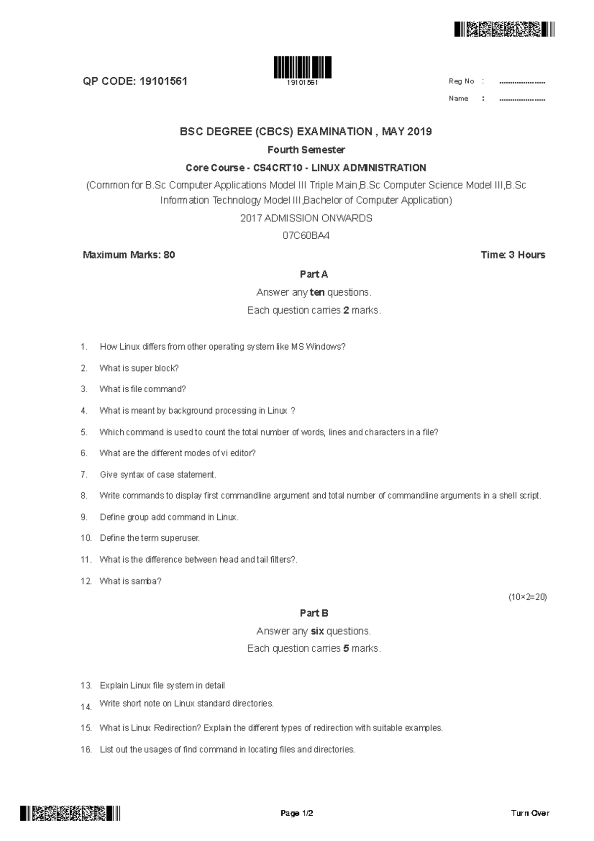 Linux 2019 - QP CODE: 19101561 Reg No : ..................... Name : ..................... BSC ...