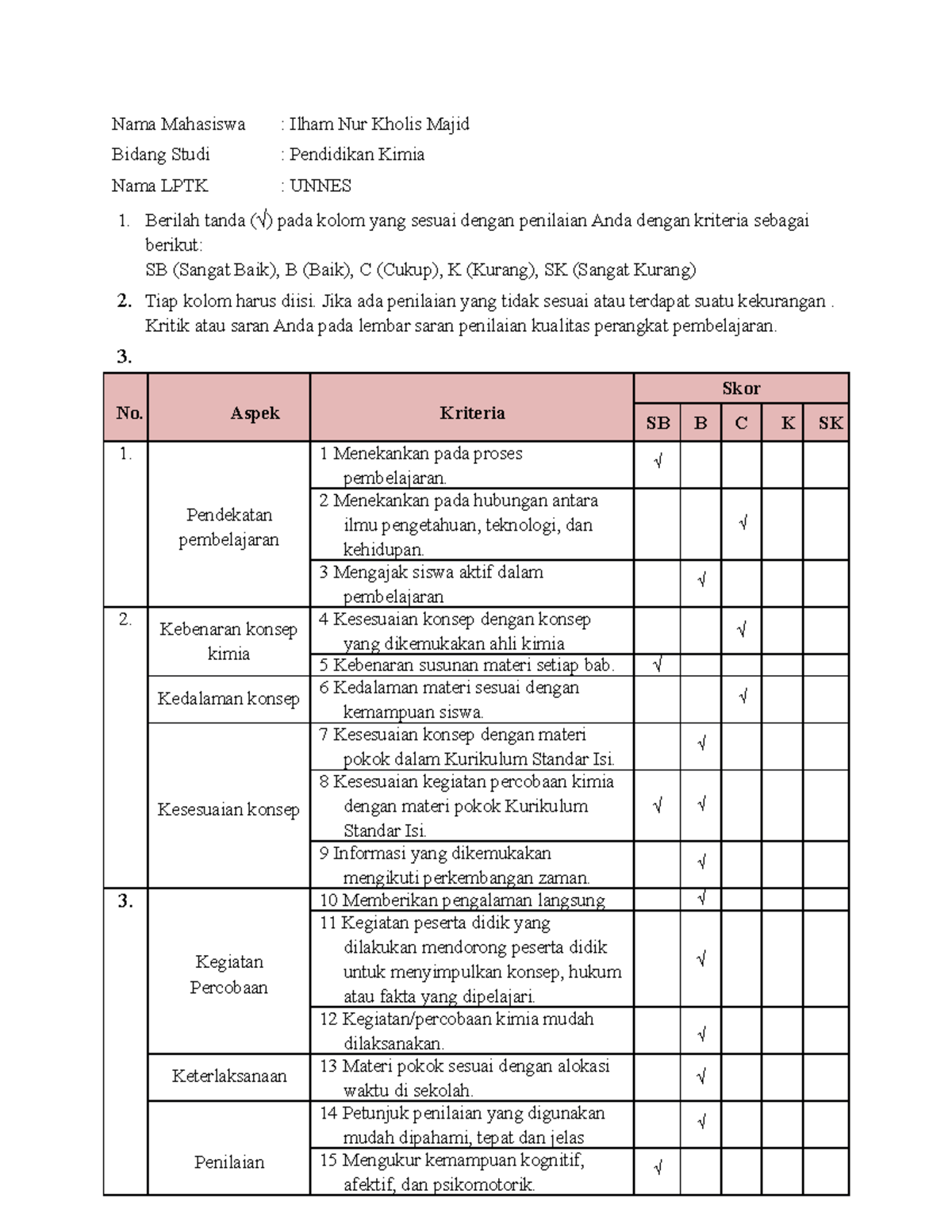Penilaian Lembar LKPD - Nama Mahasiswa : Ilham Nur Kholis Majid Bidang ...