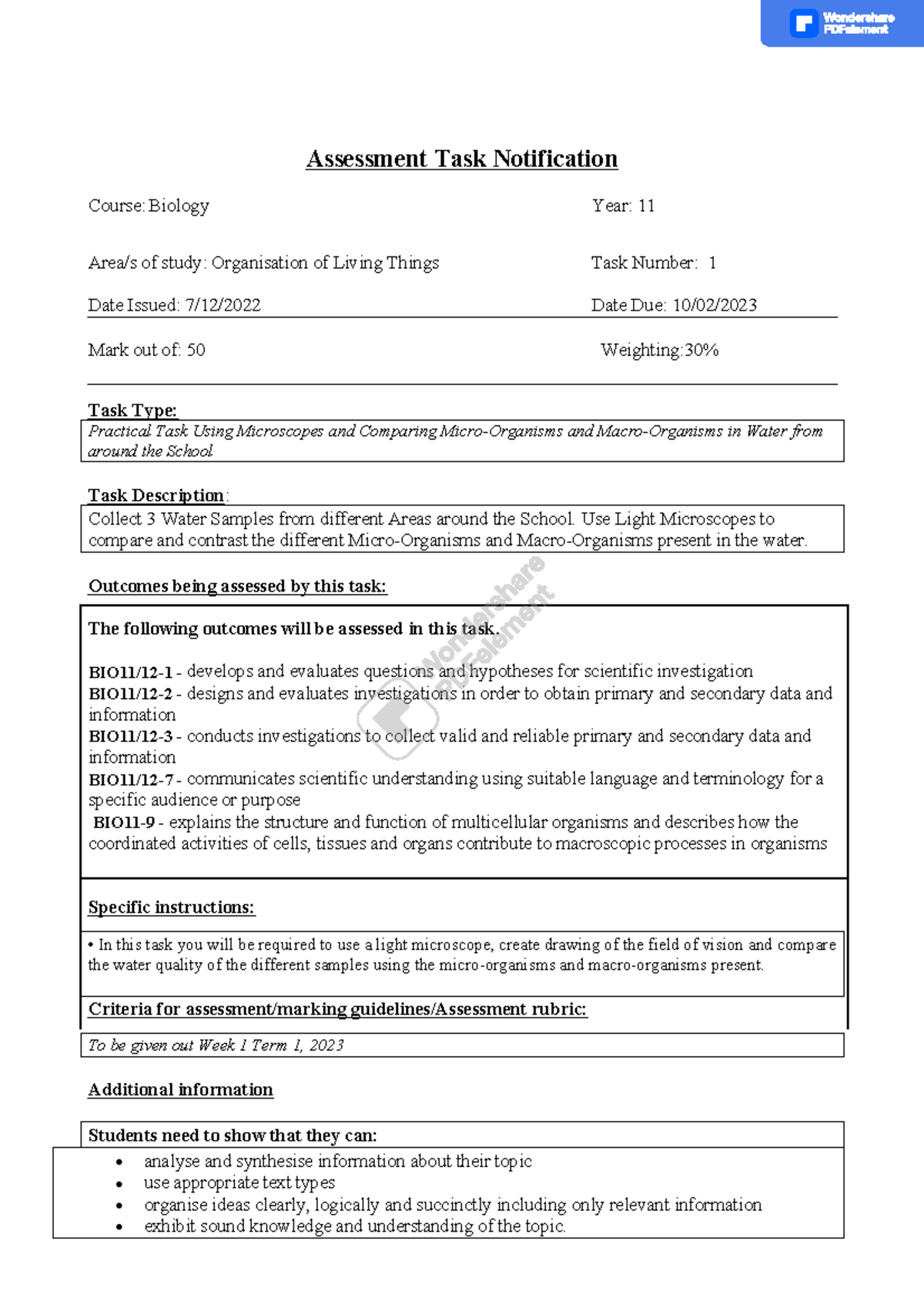 Organisation of Living things - Preliminary Assessment Task ...