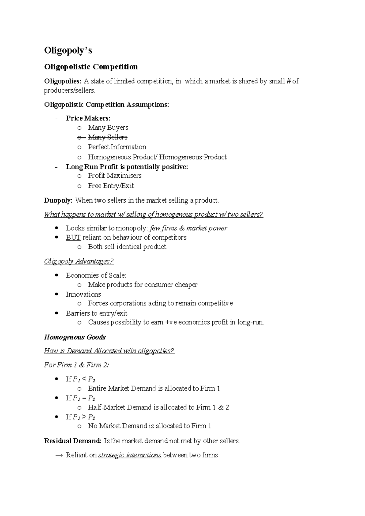 Econ. Class Notes (Week 12) - Oligopoly’s Oligopolistic Competition ...