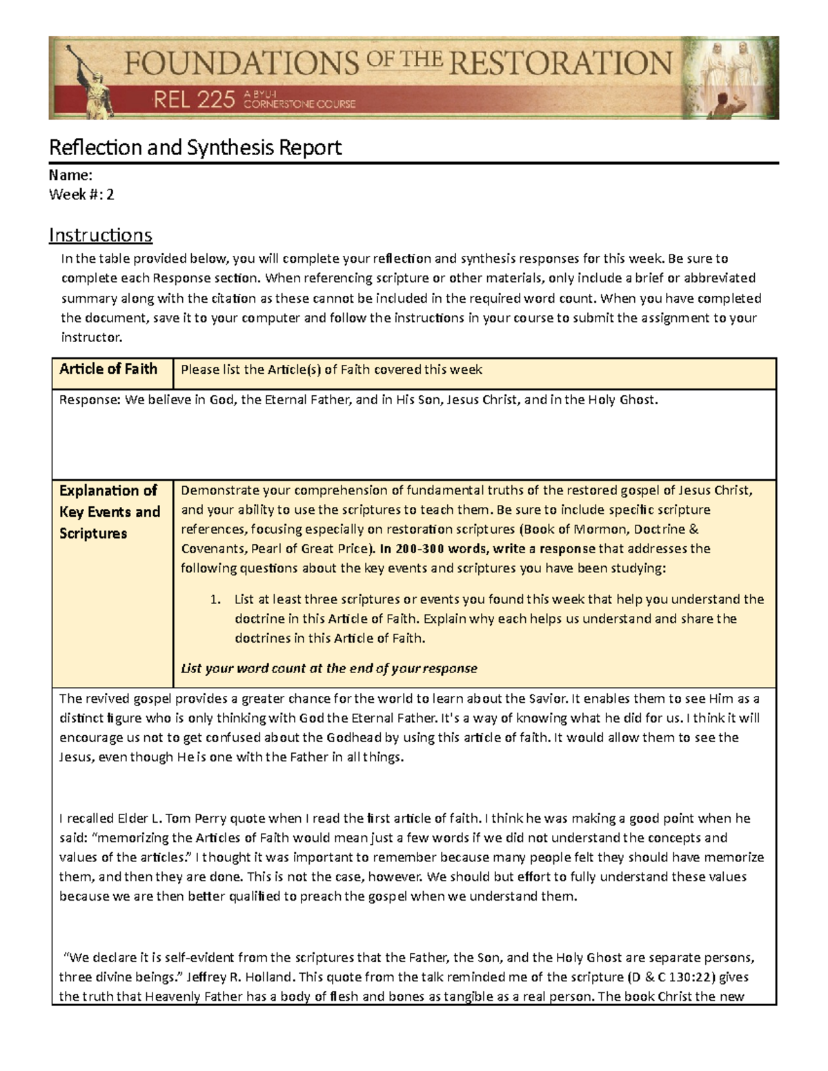 W2 Reflection - W02 Introduction: Article of Faith 1 - Reflection and ...