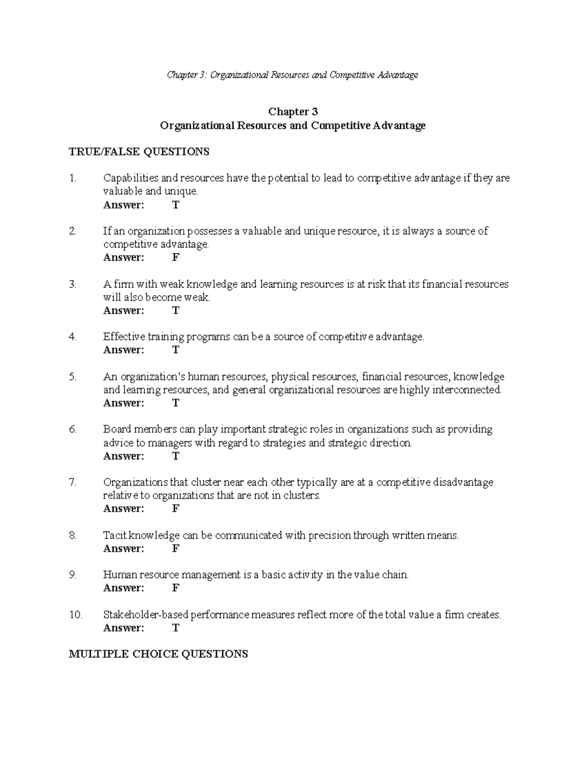 Chapter 3 and 4 - Chapter 3: Organizational Resources and Competitive ...