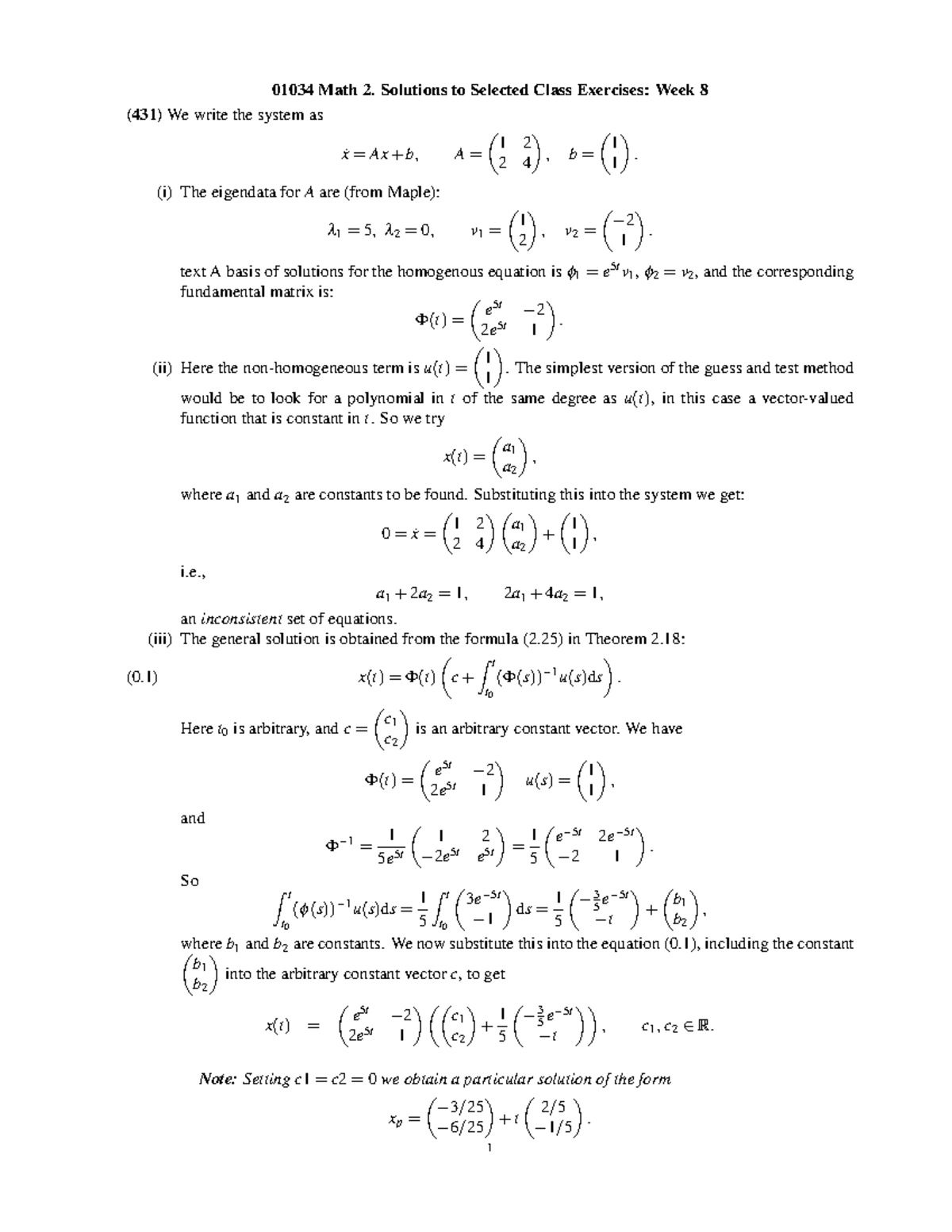 Week8 sample solutions - 01034 Math 2. Solutions to Selected Class Exercises: Week 8 (431)We ...