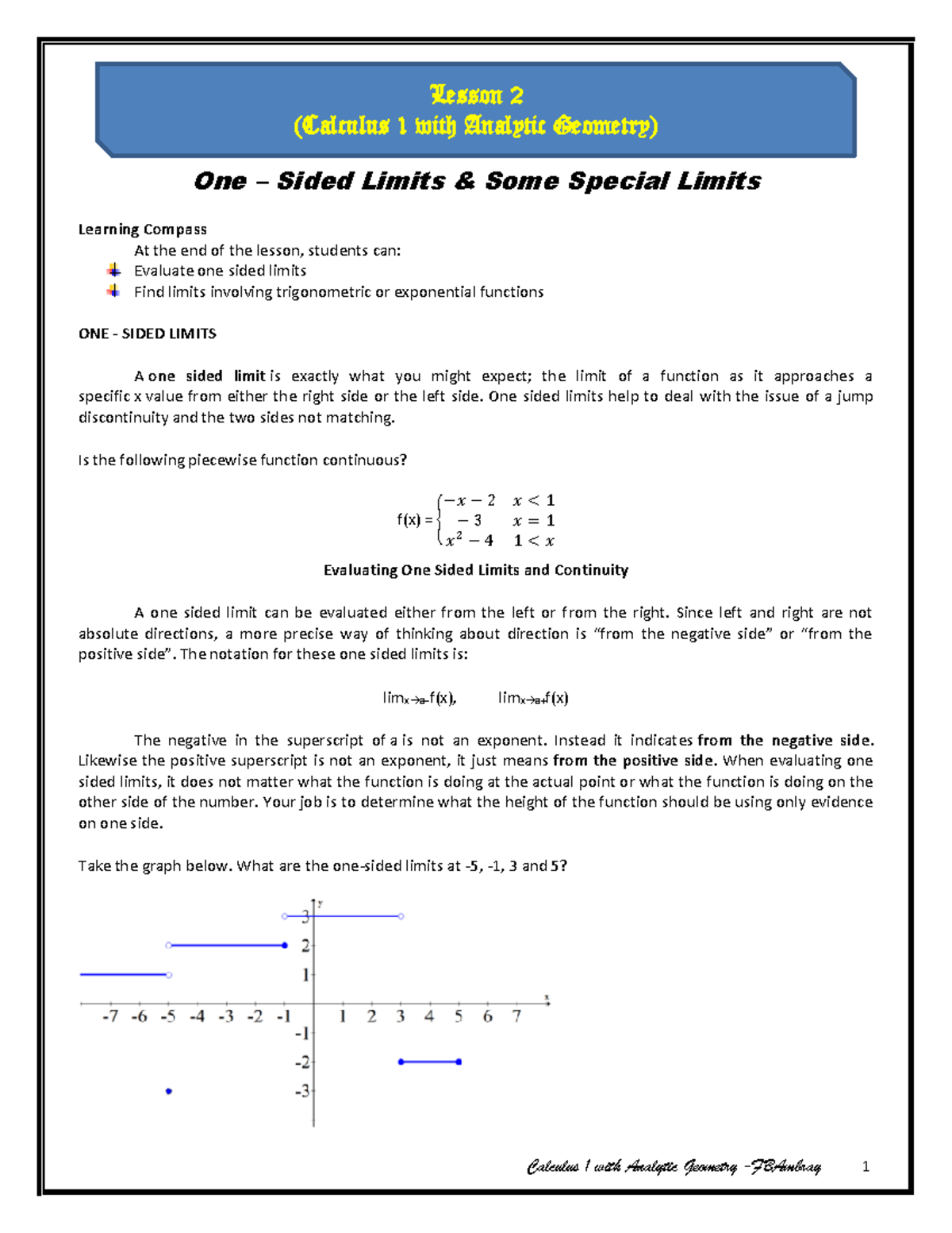 Lesson 2 One Sided Limits Some Special Limits Involving Trigonometric and Exponential Functions ...