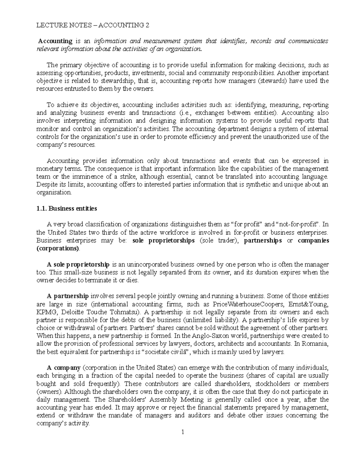 Lecture Notes Accounting 2 - LECTURE NOTES – ACCOUNTING 2 Accounting is ...