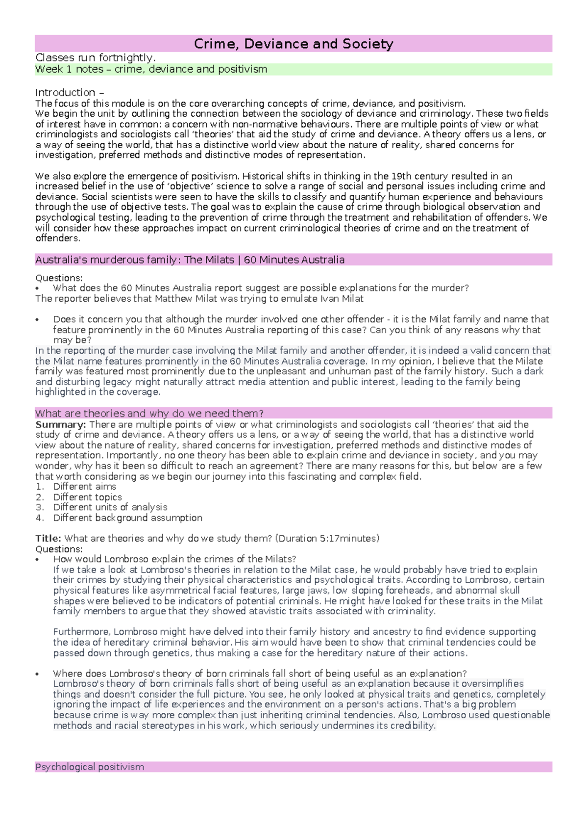 C,D,S notes - Crime, Deviance and Society Classes run fortnightly. Week ...