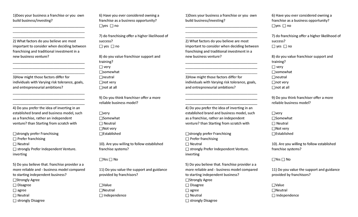 Pr-questioner - pr questions - 1)Does your business a franchise or you ...