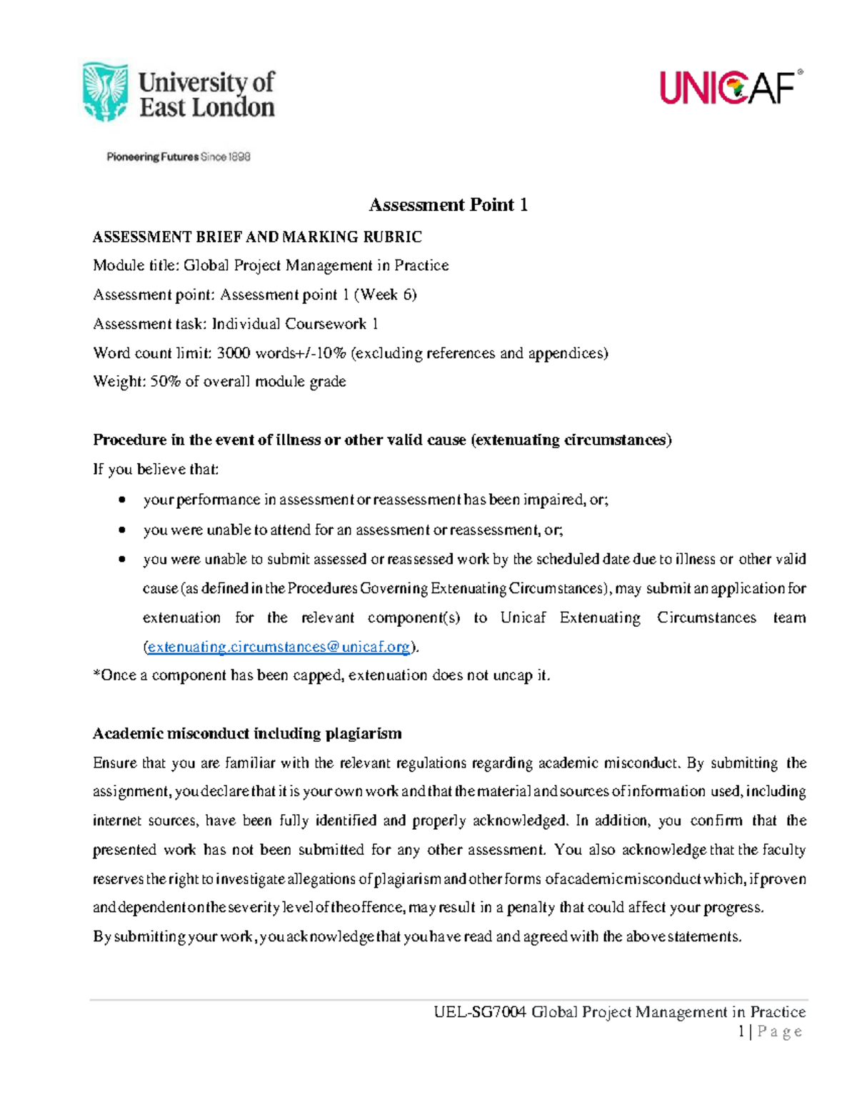 Brief - Assessment Point 1 - UEL-SG7004 Global Project Management in Practice Assessment Point 1 ...