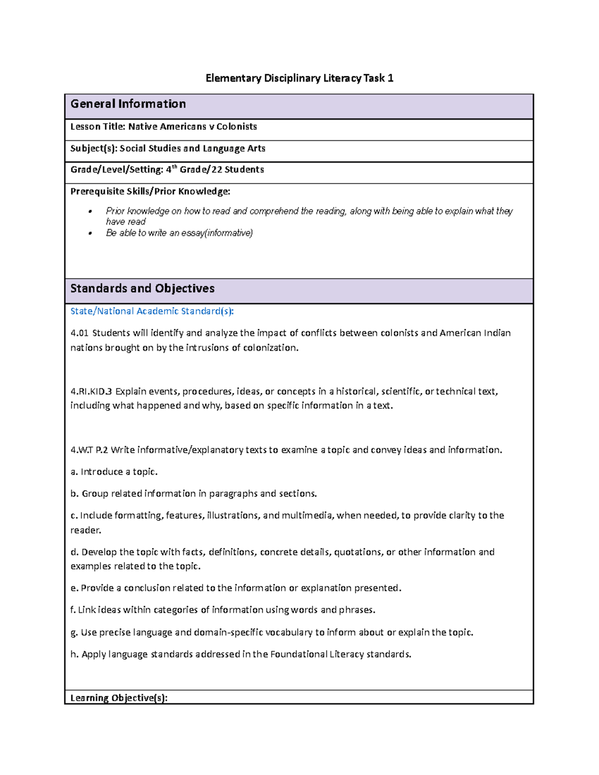 Elementary Disciplinary Literacy Task 1 - 4.RI.KID Explain events ...