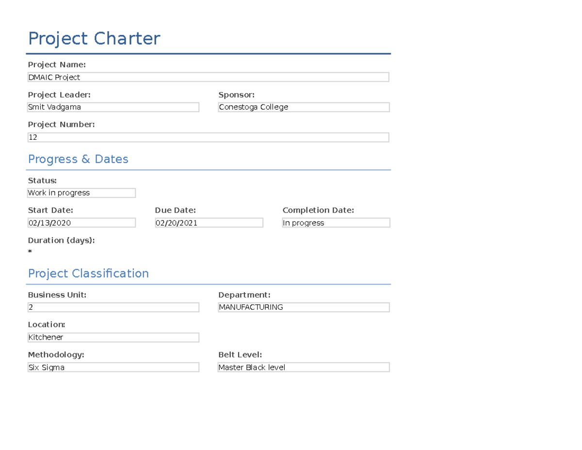 Project Charter for lean six sigma - Project Charter Project Name ...