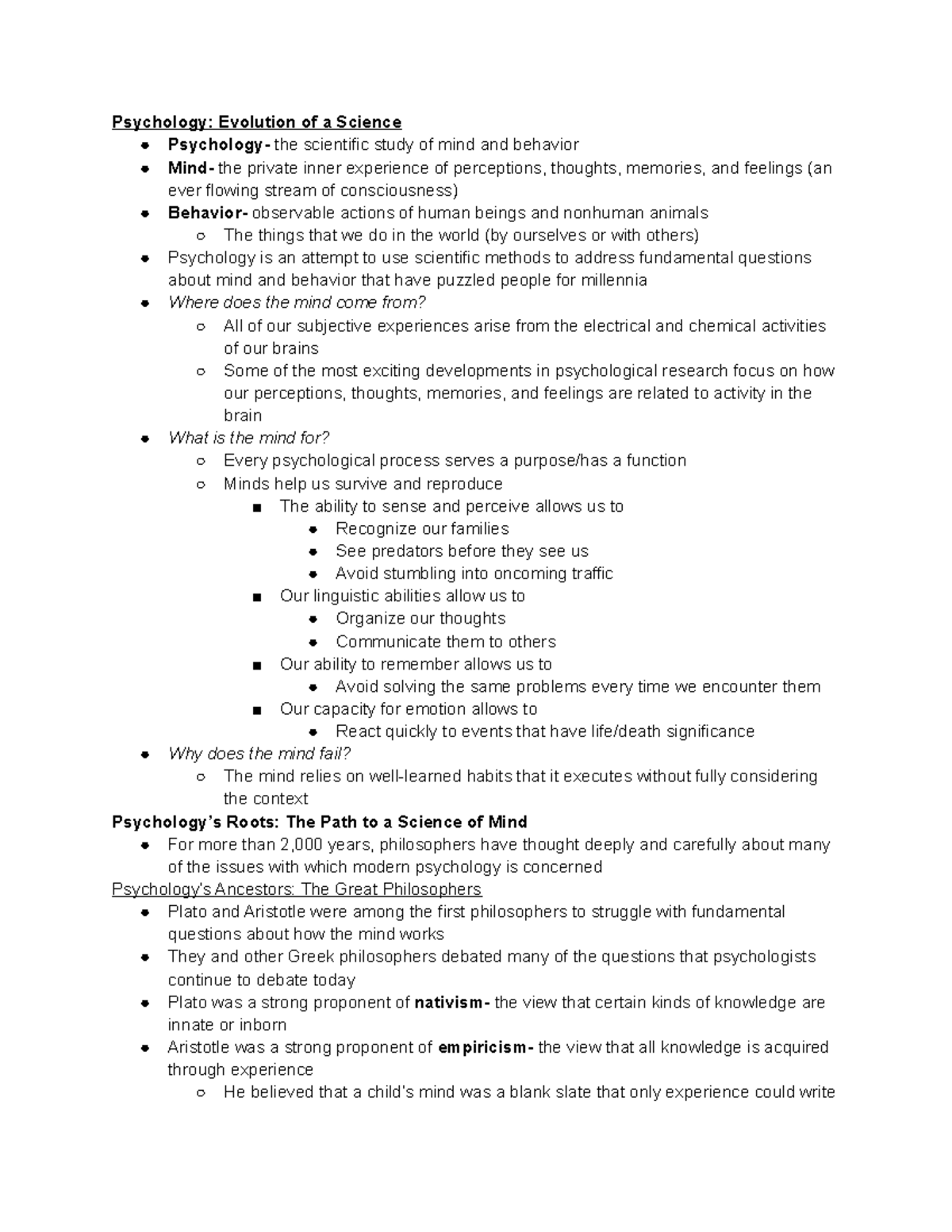 Ch 1 outline - Lecture notes chapter 1 - Psychology: Evolution of a ...
