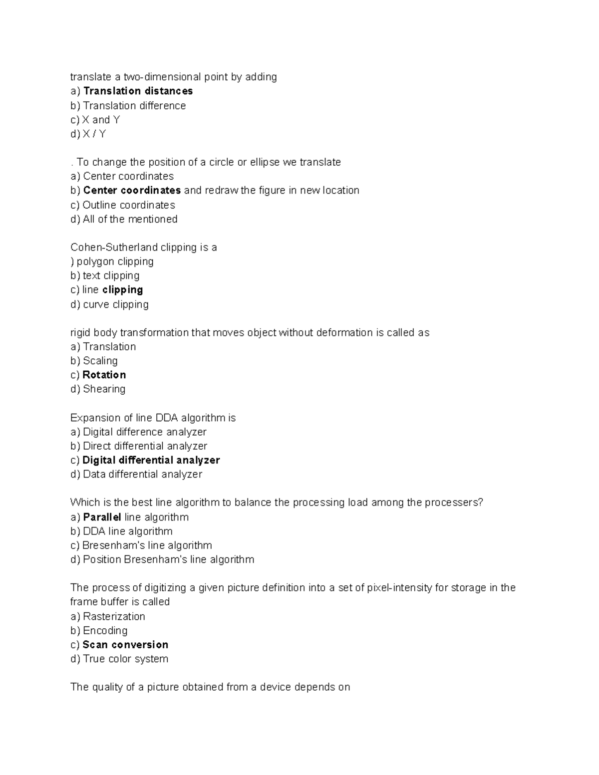 Computer graphics mcq1 - translate a two-dimensional point by adding a ...