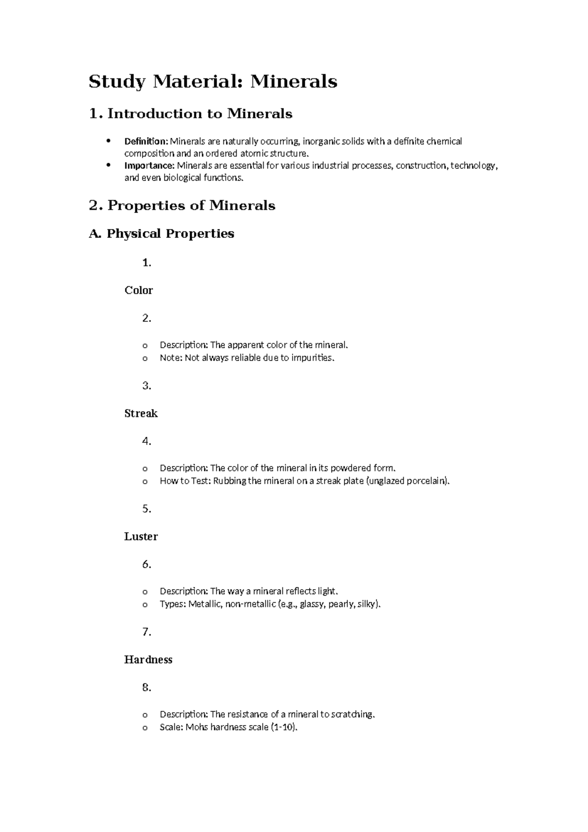 Study Materials Minerals - Introduction to Minerals Definition ...