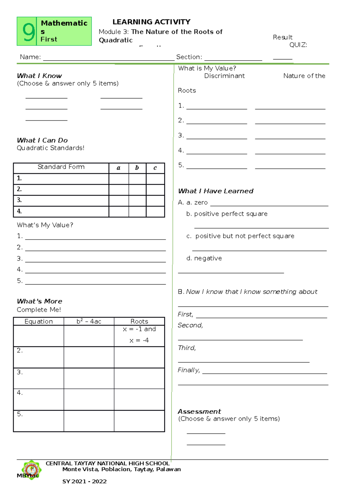 Math LAS week 2 - grade 10 - What I Know (Choose & answer only 5 items ...