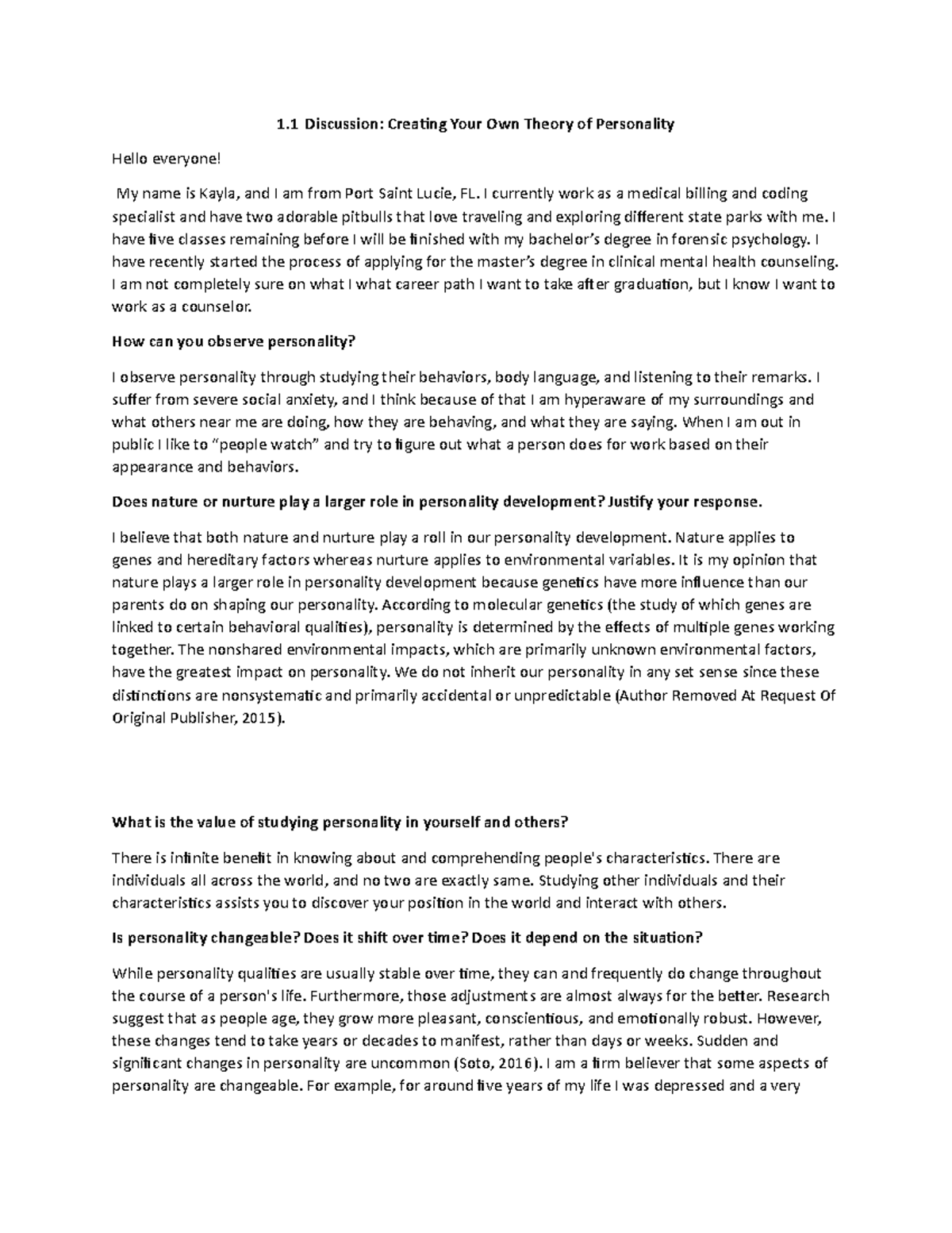 PSY 328 DB 1 Rough Draft - 1 Discussion: Creating Your Own Theory of ...