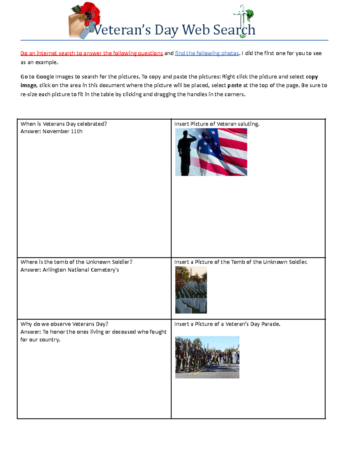 Veterans Day Webquest - Veteran’s Day Web Search Do an internet search ...