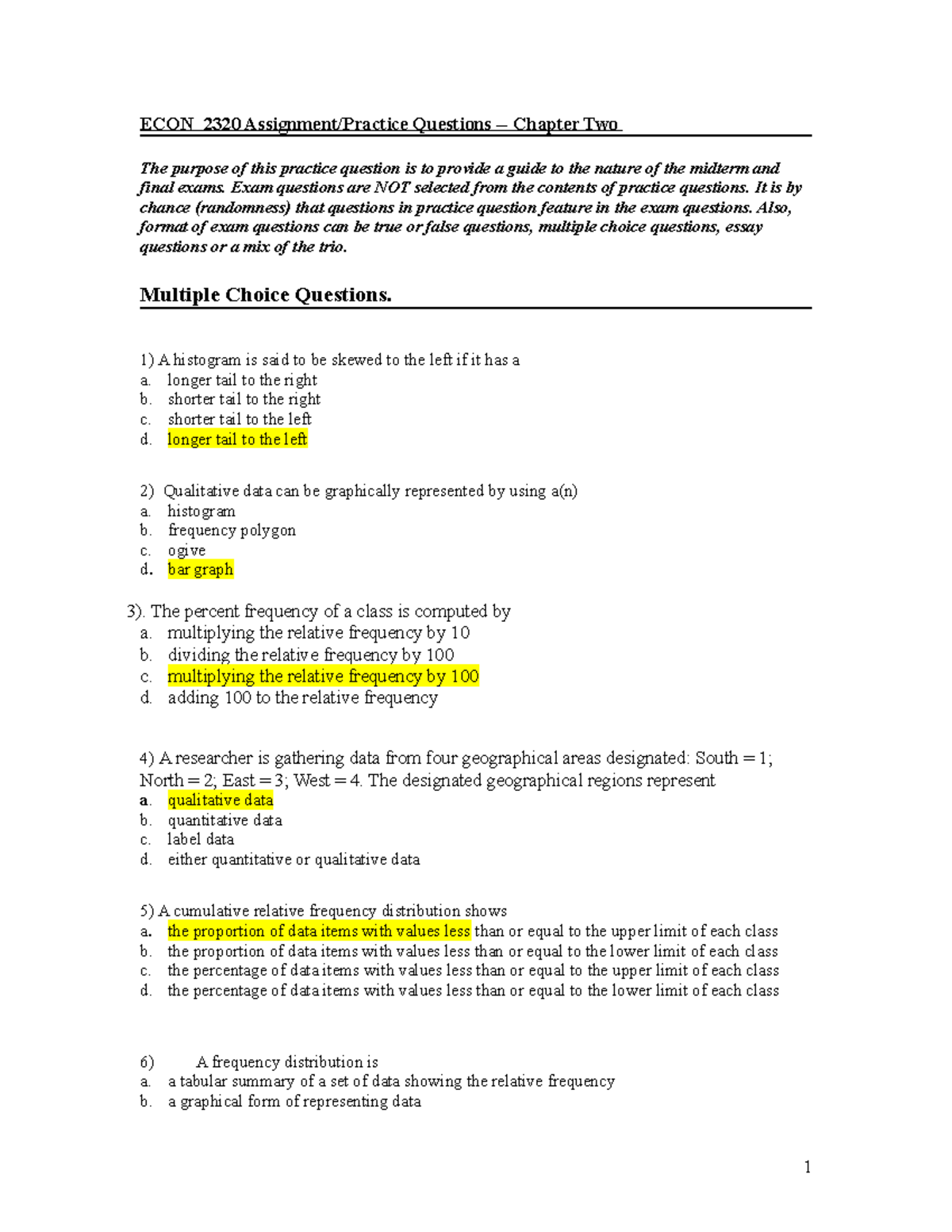 Econ 2320 Chapter 2 Practice Questions - ECON 2320 Assignment/Practice Questions - Chapter Two ...
