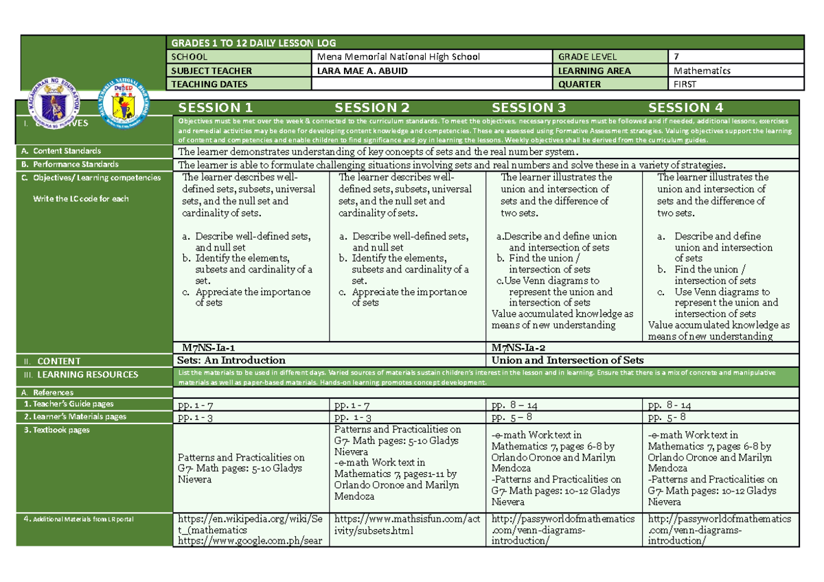 7 Mathematics - GRADES 1 TO 12 DAILY LESSON LOG SCHOOL Mena Memorial ...